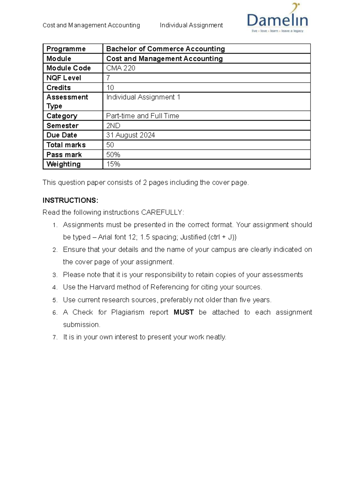 Individual Assignment 1 - CMA 2024 - Cost and Management Accounting ...