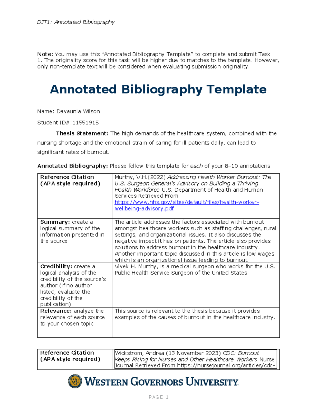 Annotated Bibliography Template - The originality score for this task ...