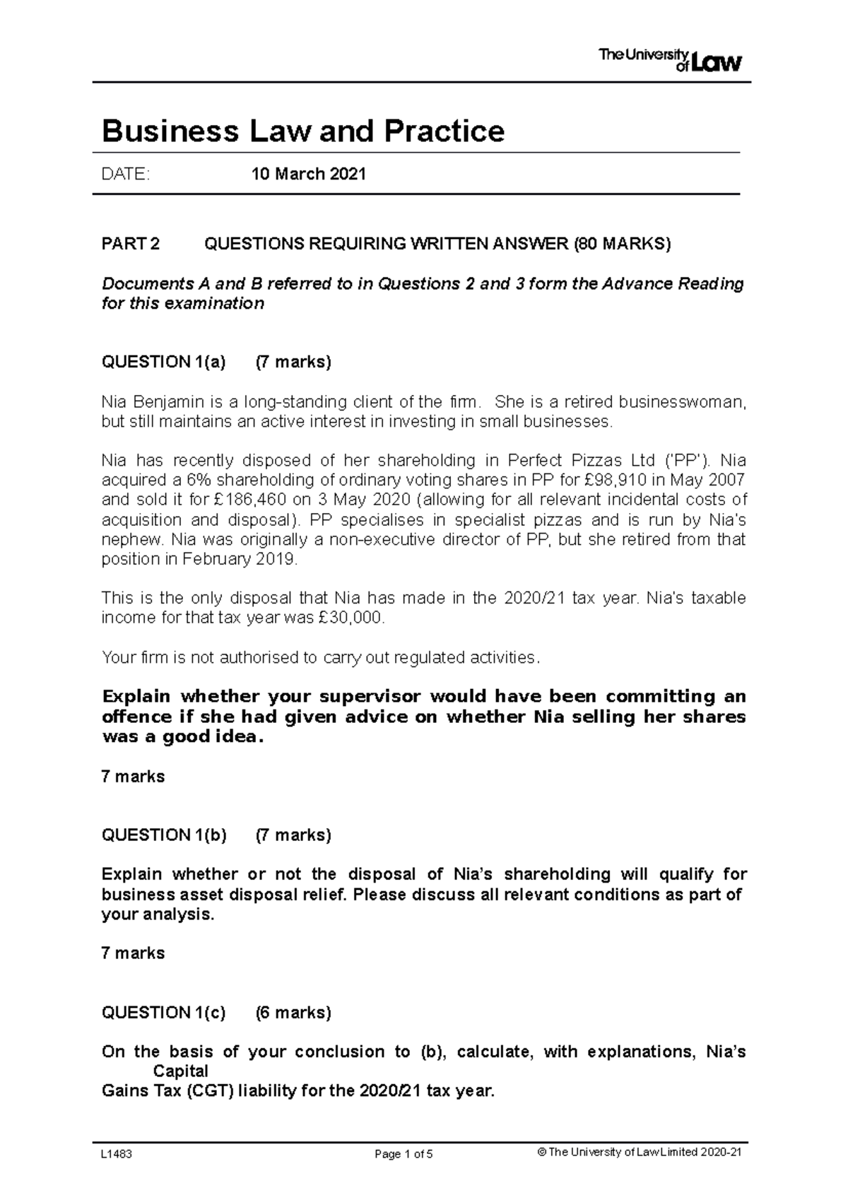 BLP written 2021 exam - Business Law and Practice DATE: 10 March 2021 PART 2 QUESTIONS REQUIRING ...