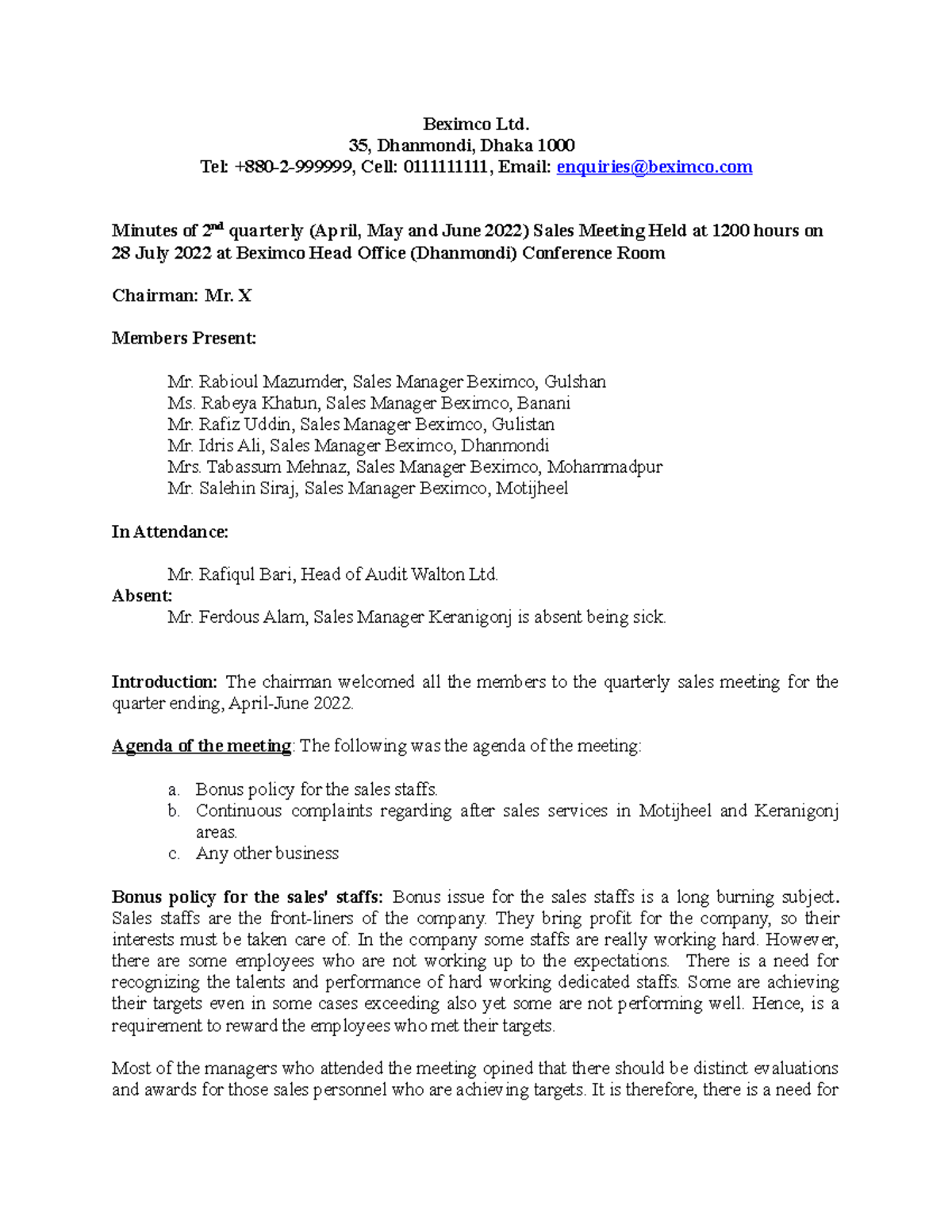 Sample Minutes of Meetings. Beximco Ltd - Beximco Ltd. 35, Dhanmondi ...