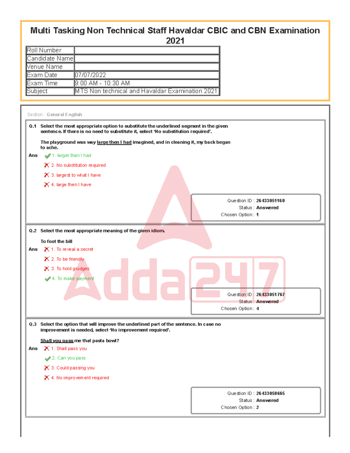 Ssc mts previous year paper 7 july 2022 - Q Select the most appropriate ...