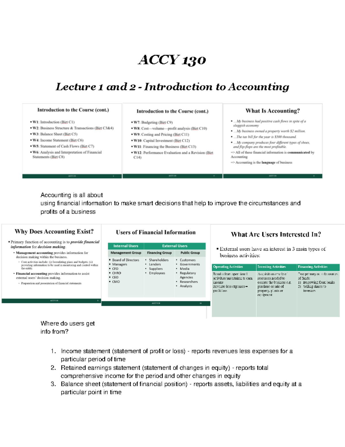 ACCY 130 Full Course Lecture and Tutorial Notes - ACCY 130 Lecture 1 ...