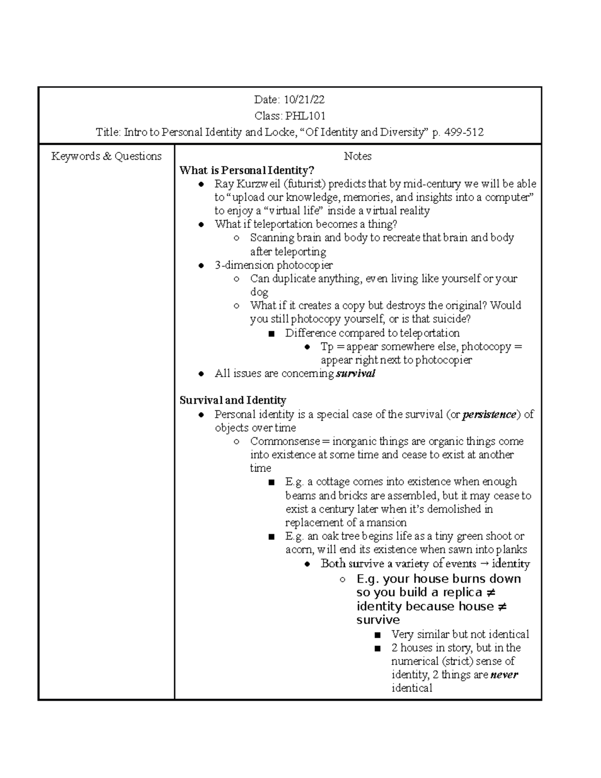 W7 Intro to Personal Identity and Locke, “Of Identity and Diversity” p ...