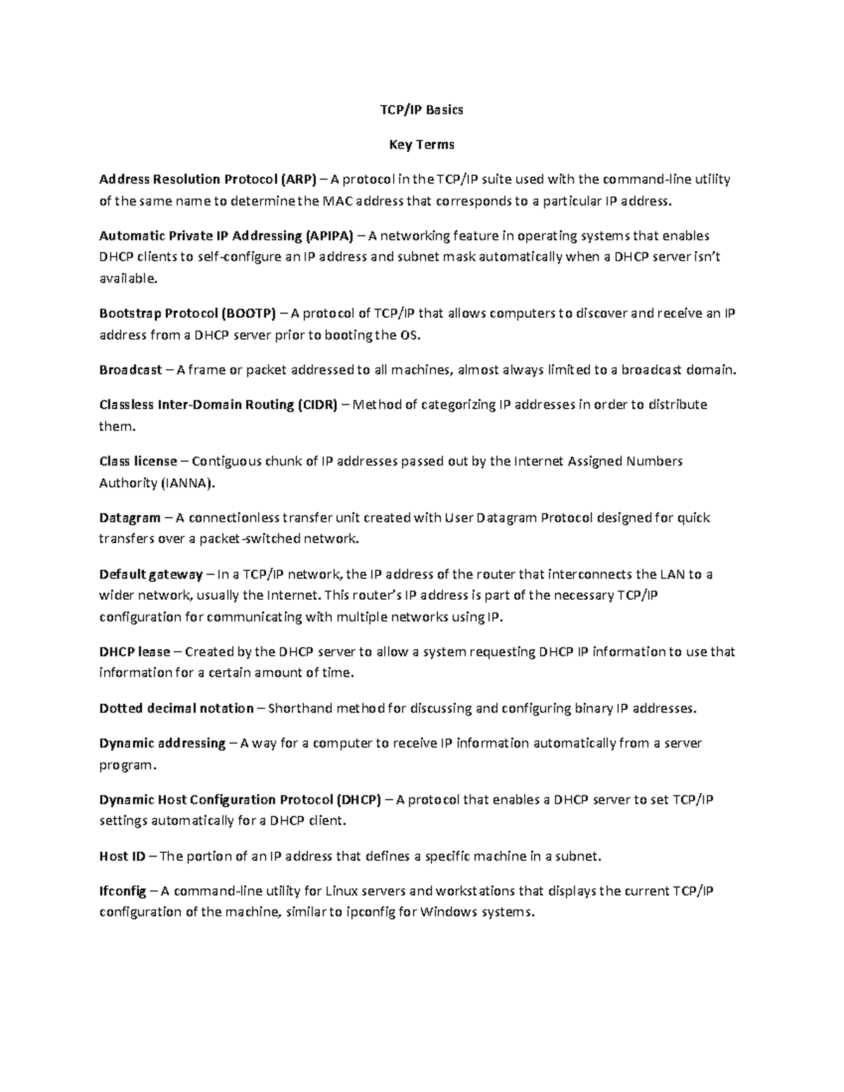 TCP IP Key Terms - TCP/IP Basics Key Terms Address Resolution Protocol (ARP) – A protocol in the ...