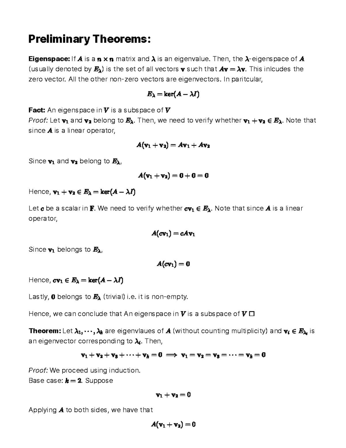 Diagonalization Basic Cheat Sheet - Preliminary Theorems: Eigenspace: If is a matrix and is an ...