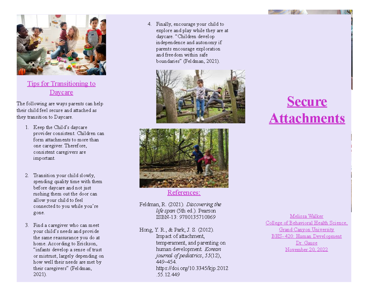 Secure Attachment Brochure - Tips for Transitioning to Daycare The ...