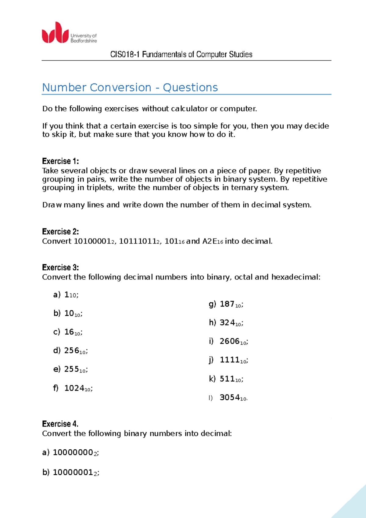 CIS018-1 - Fundamentals of Computer Studies - Number Conversion ...