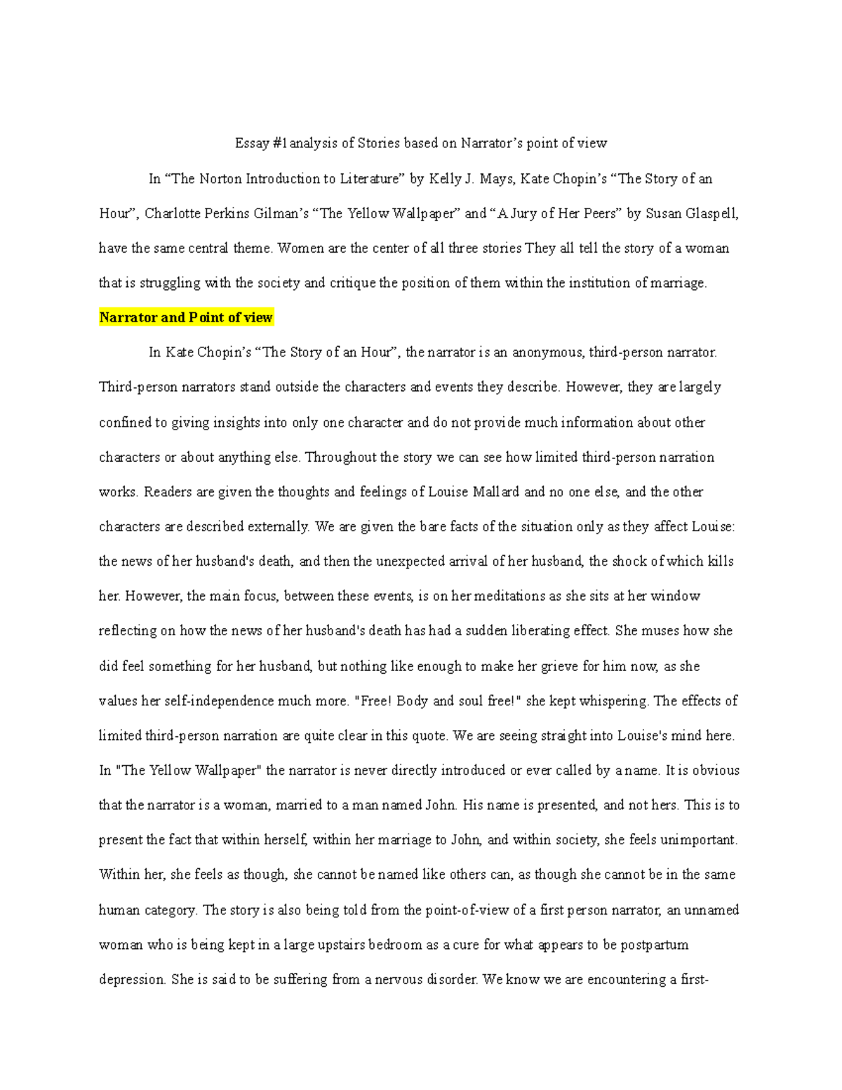 English essay 1 - Essay #1analysis of Stories based on Narrator’s point ...