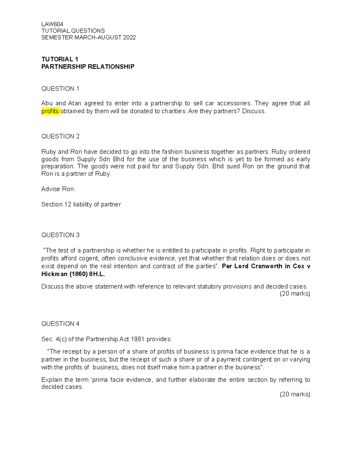 LAW604 Tutorial 1-10 Questions - TUTORIAL QUESTIONS SEMESTER MARCH ...