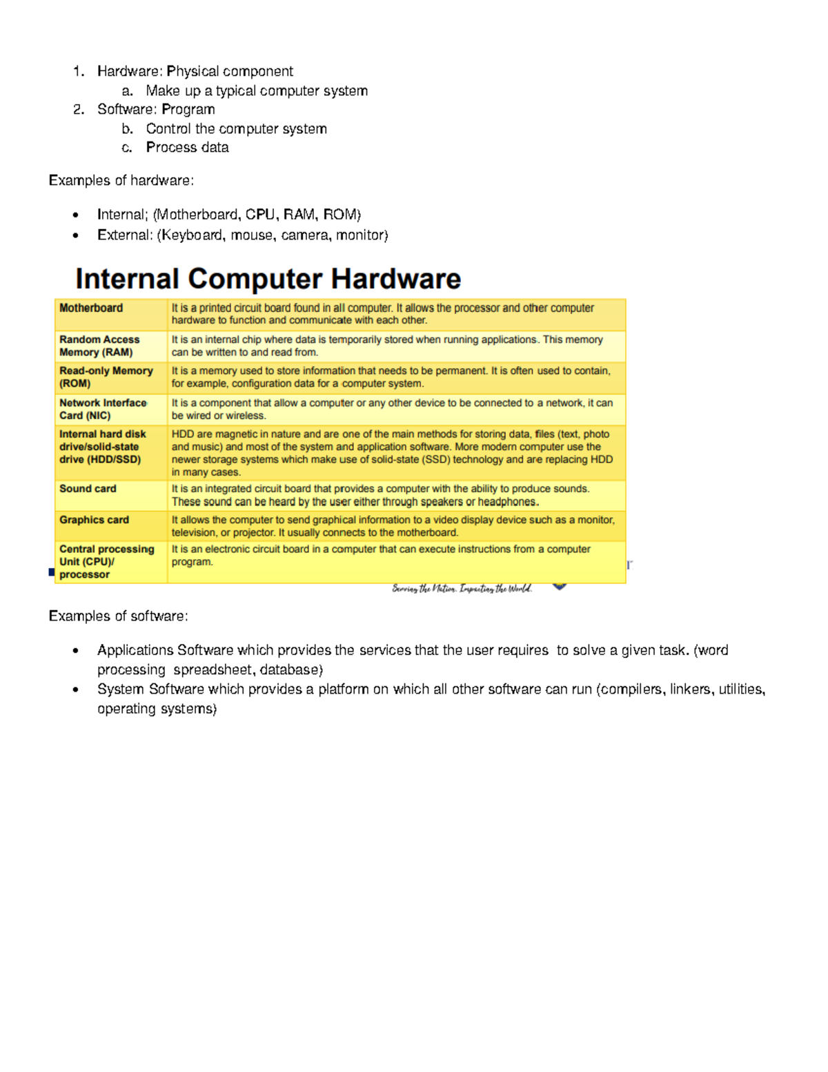Ict quiz prep - Ict quiz prep - Hardware: Physical component a. Make up a typical computer ...