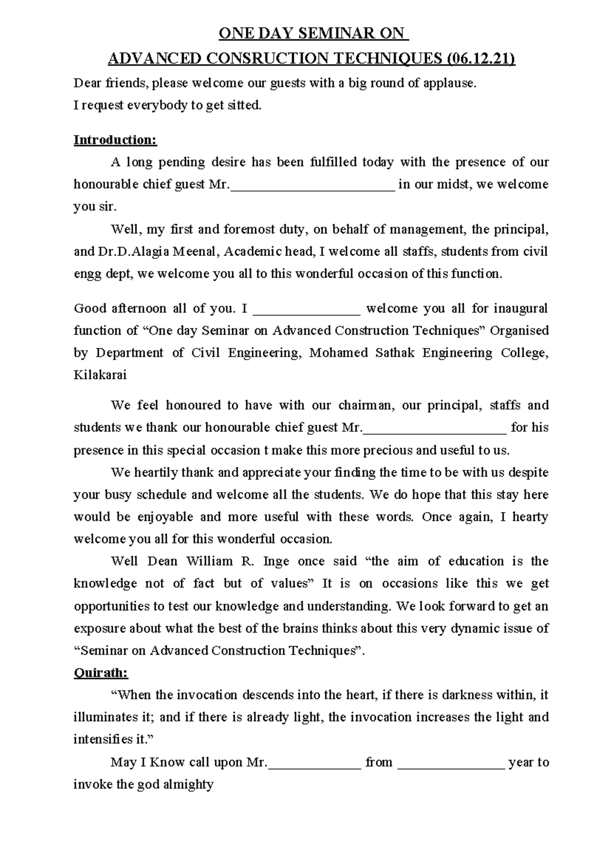 Anchoring Script for Seminar on 06 - ONE DAY SEMINAR ON ADVANCED ...