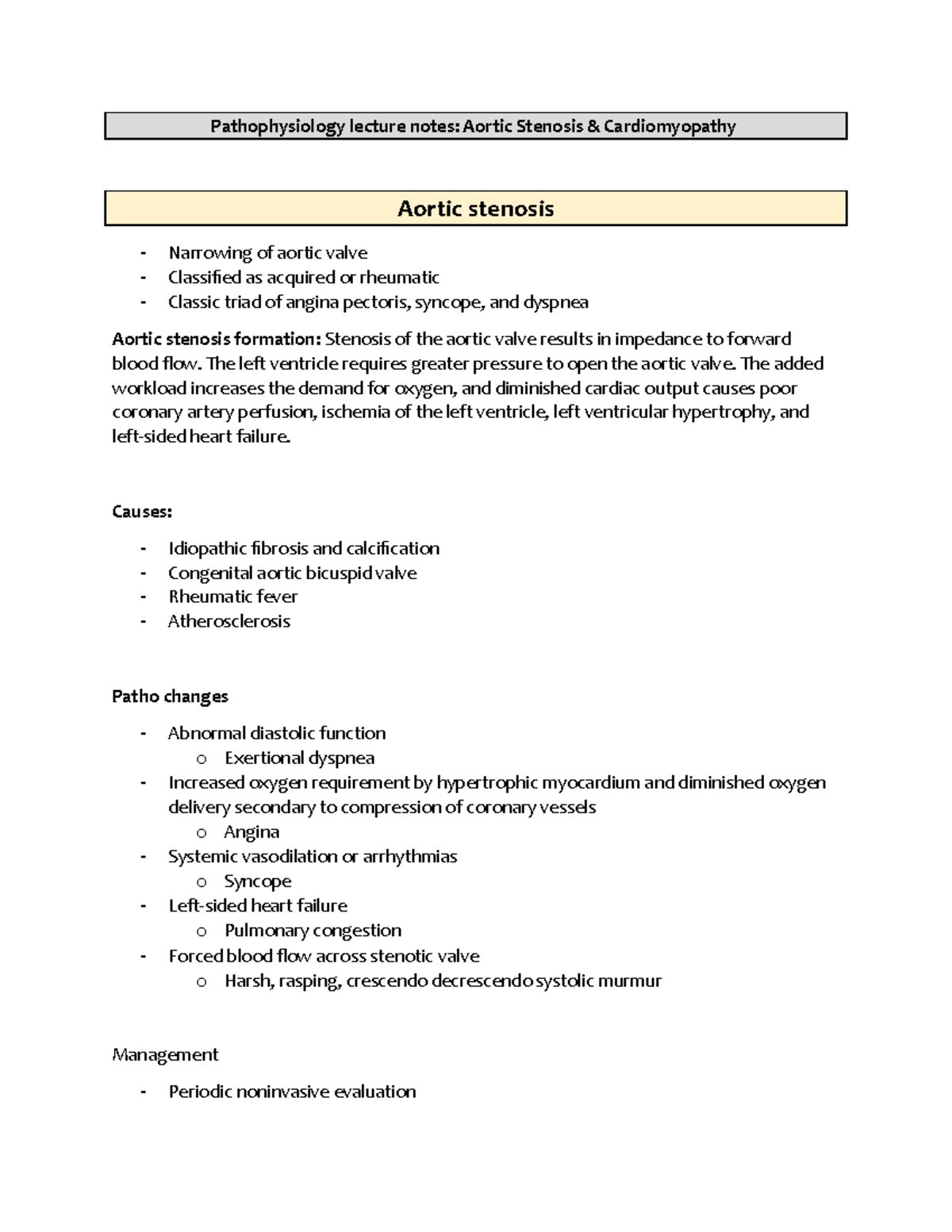 Patho- cardiomyopathy - Pathophysiology lecture notes: Aortic Stenosis ...