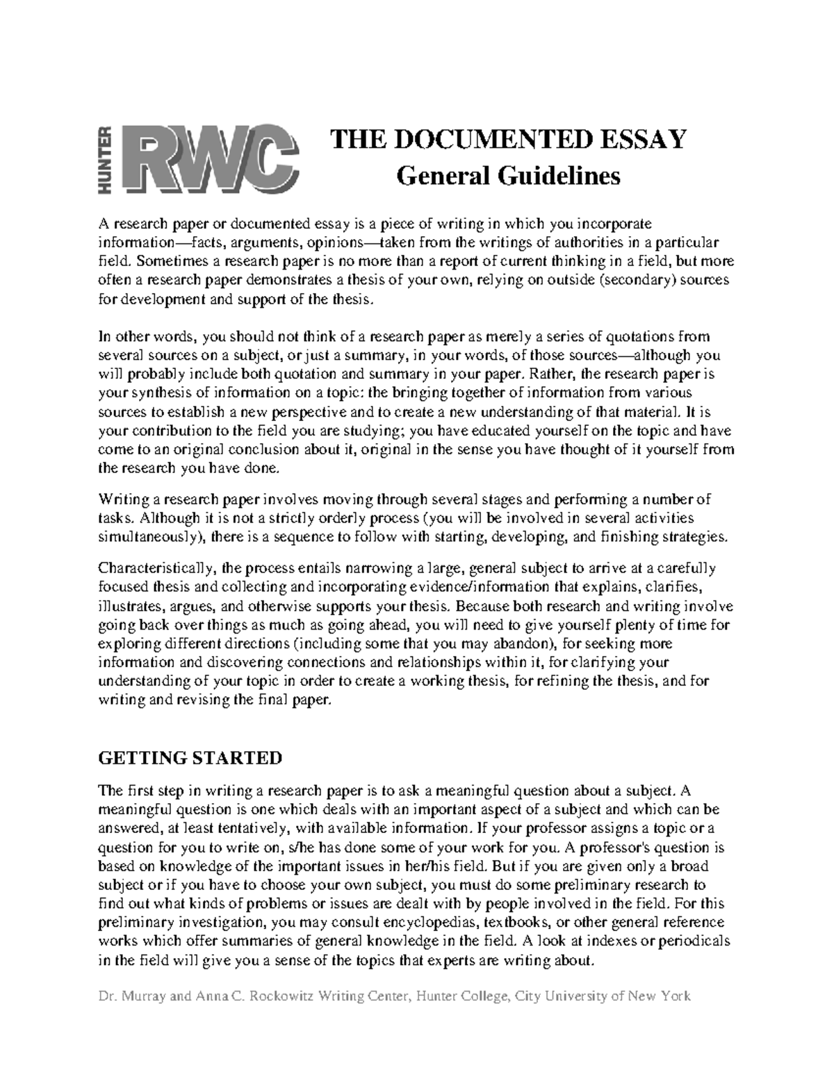 Essay - THE DOCUMENTED ESSAY General Guidelines A research paper or ...
