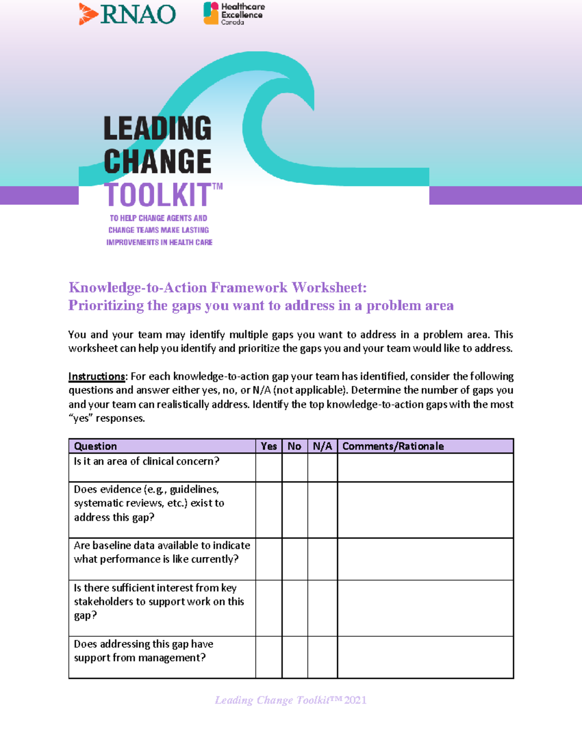 Knowledge to action framework sheet - Leading Change Toolkit™ 2021 ...