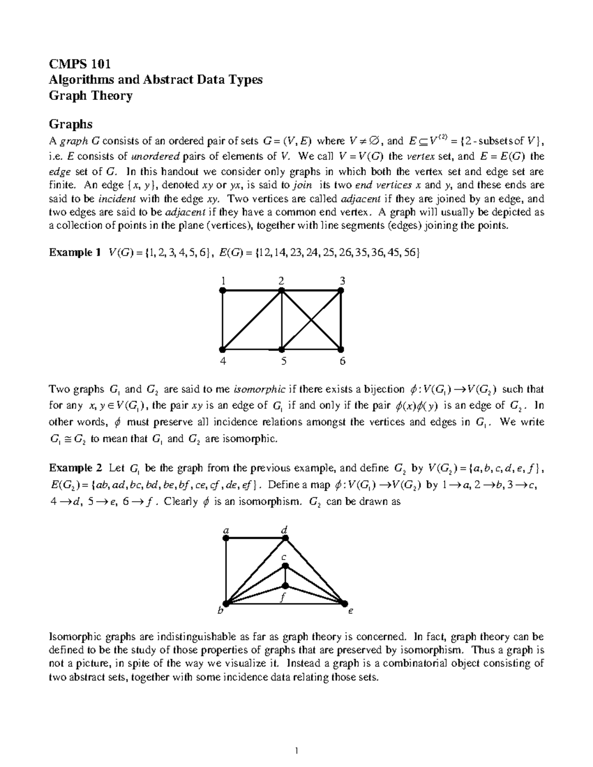Graphs - E consists of unordered pairs of elements of V. We call V V (G ...