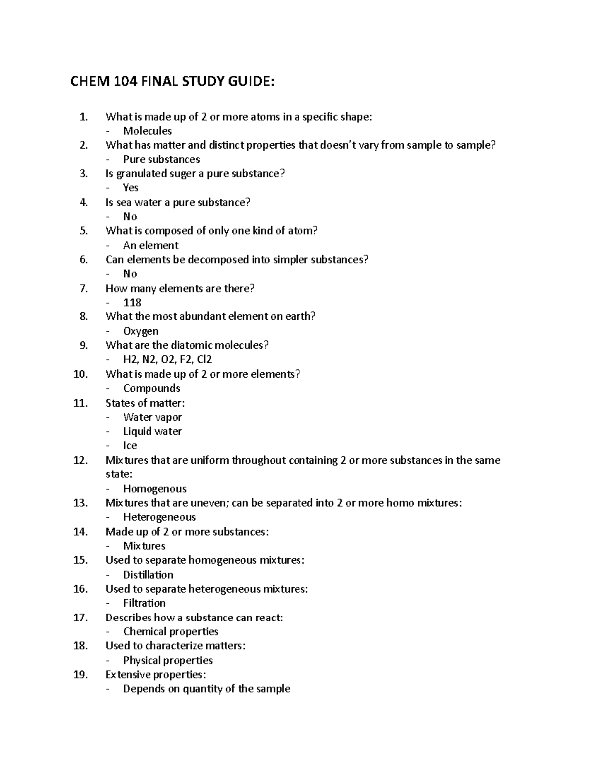 Chem final review - CHEM 104 FINAL STUDY GUIDE: What is made up of 2 or ...