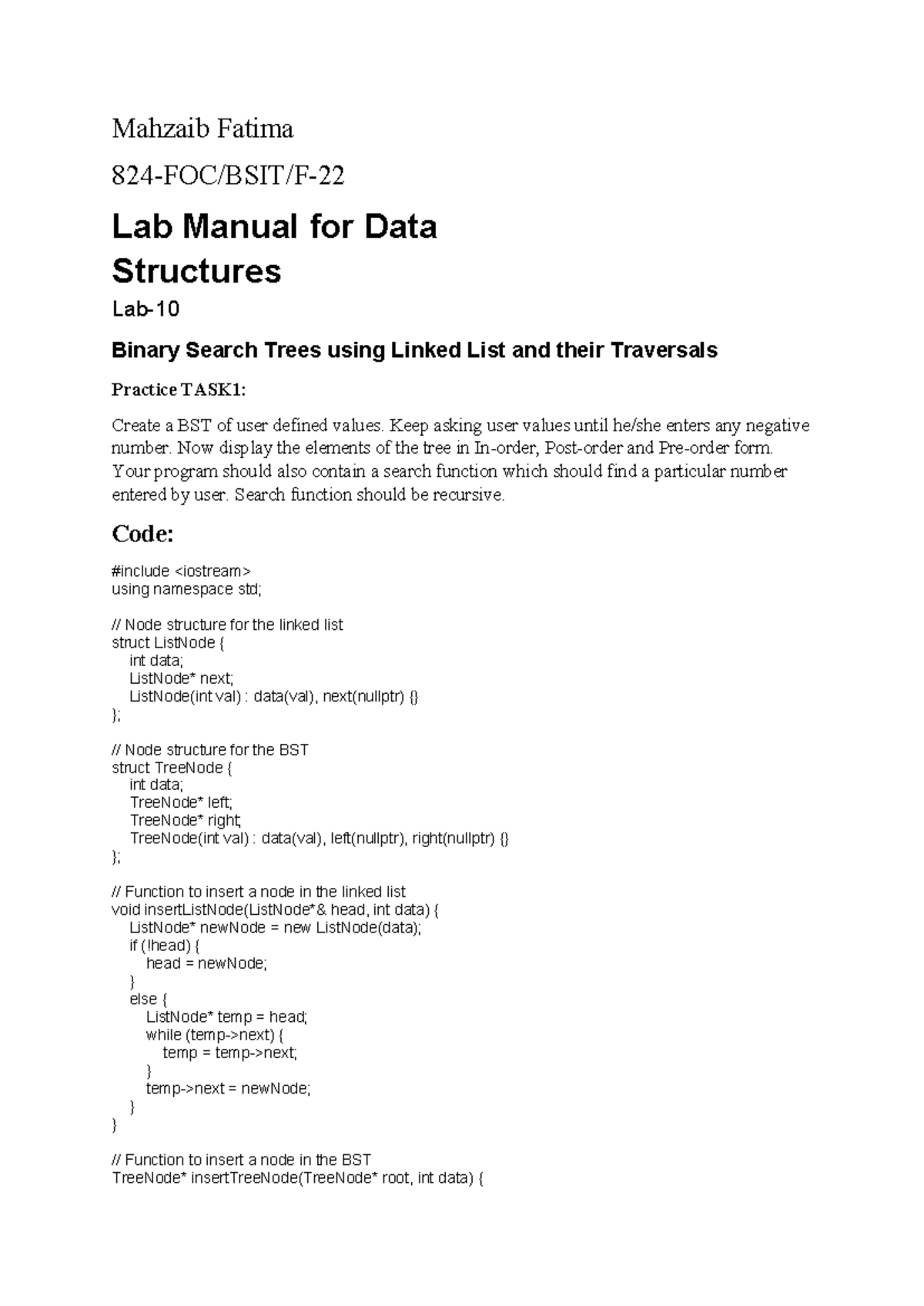 Lab Manual for Data Structures 10 - Mahzaib Fatima 824-FOC/BSIT/F- Lab Manual for Data ...