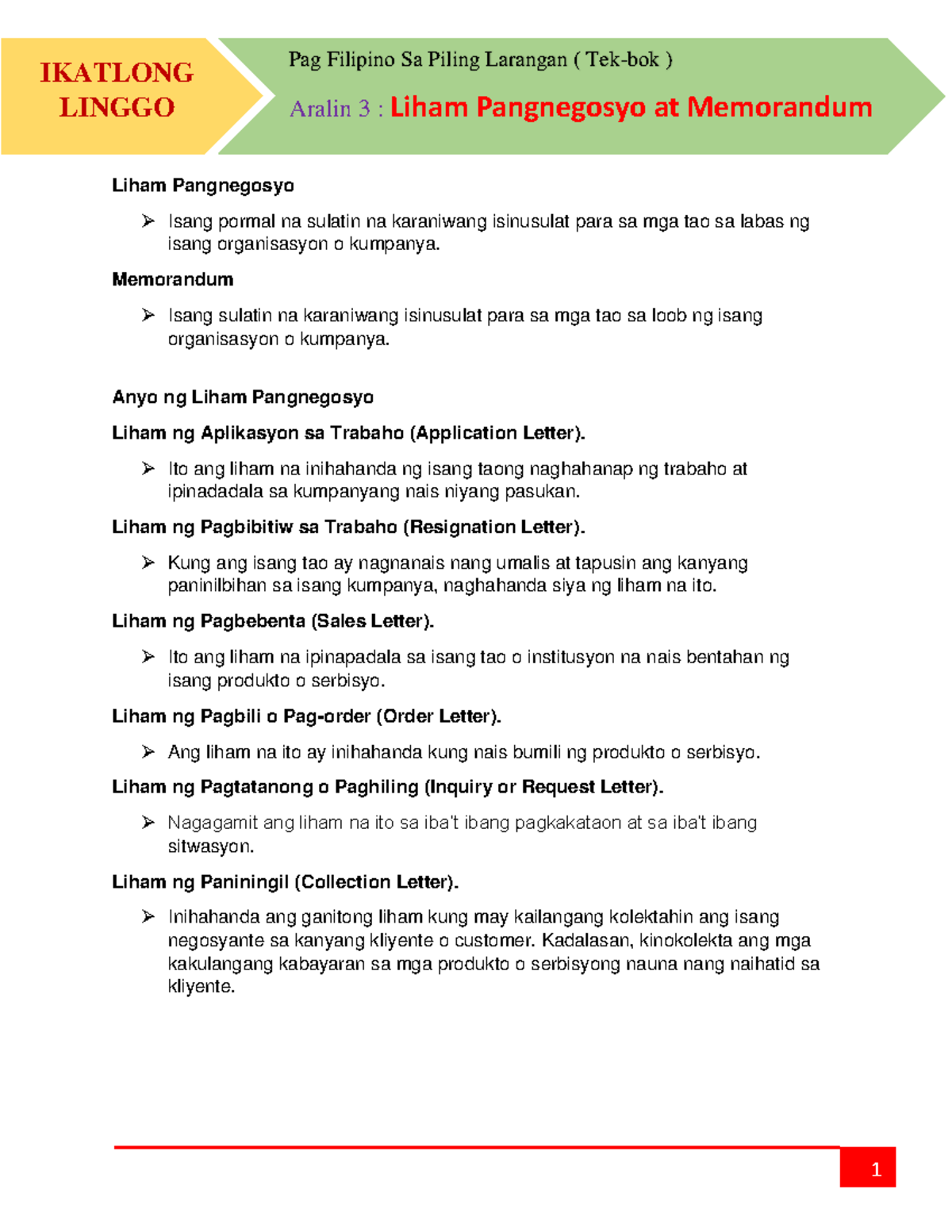 3 Modyul para sa Ikatlong Linggo - 1 Liham Pangnegosyo Isang pormal na ...
