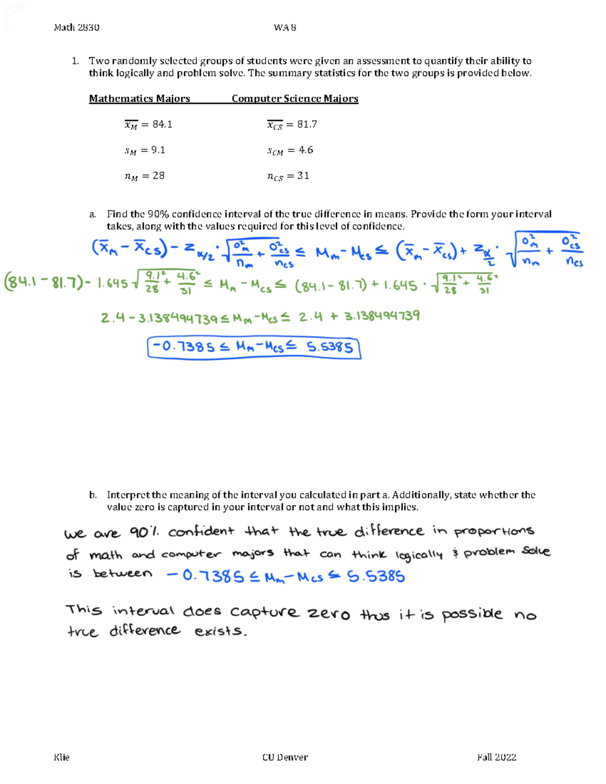 Week 8 Homework - Professor Daniel Klie - Math 2830 WA 8 Klie CU Denver ...