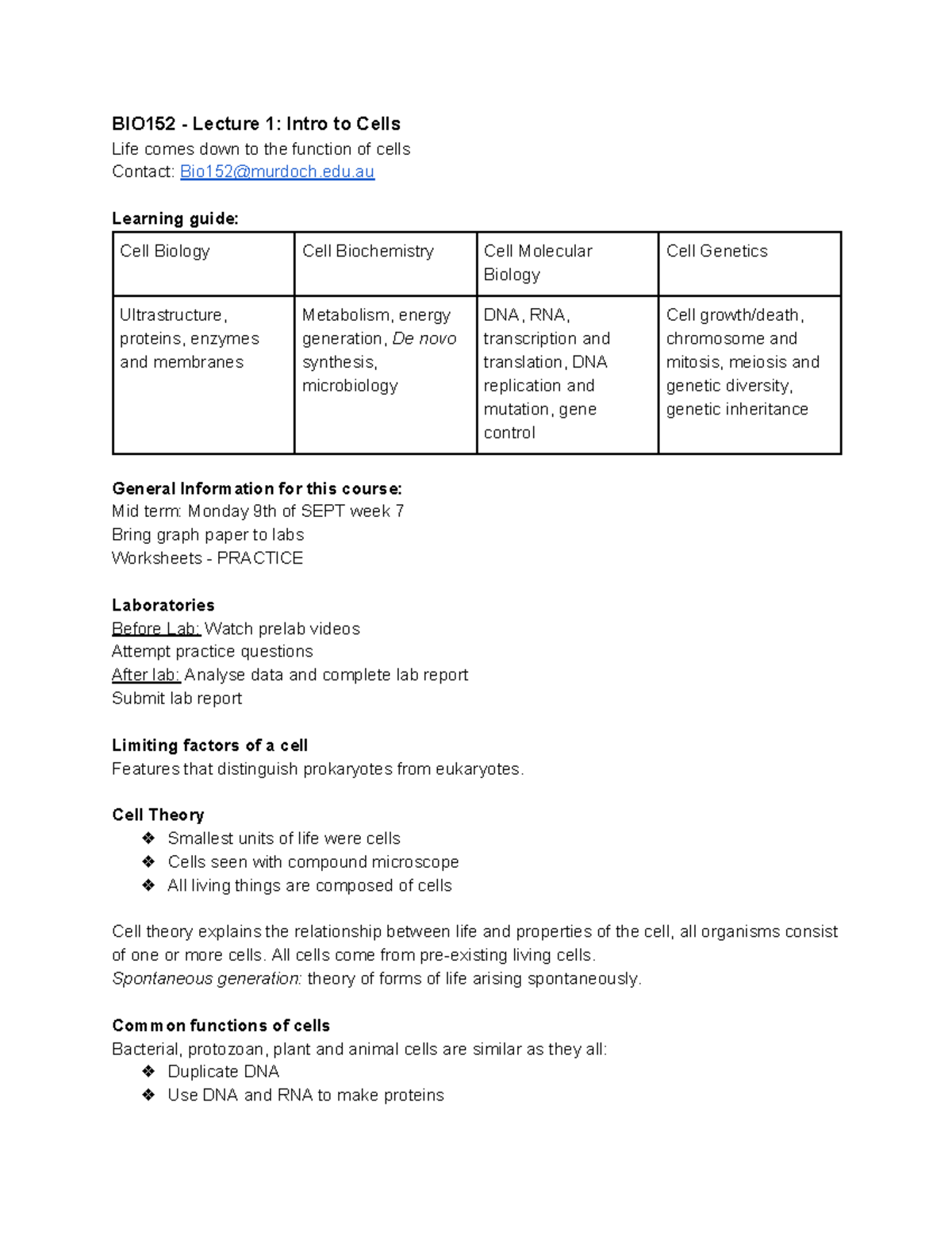 BIO152 - Lecture 1 Intro to Cells - BIO152 - Lecture 1: Intro to Cells ...