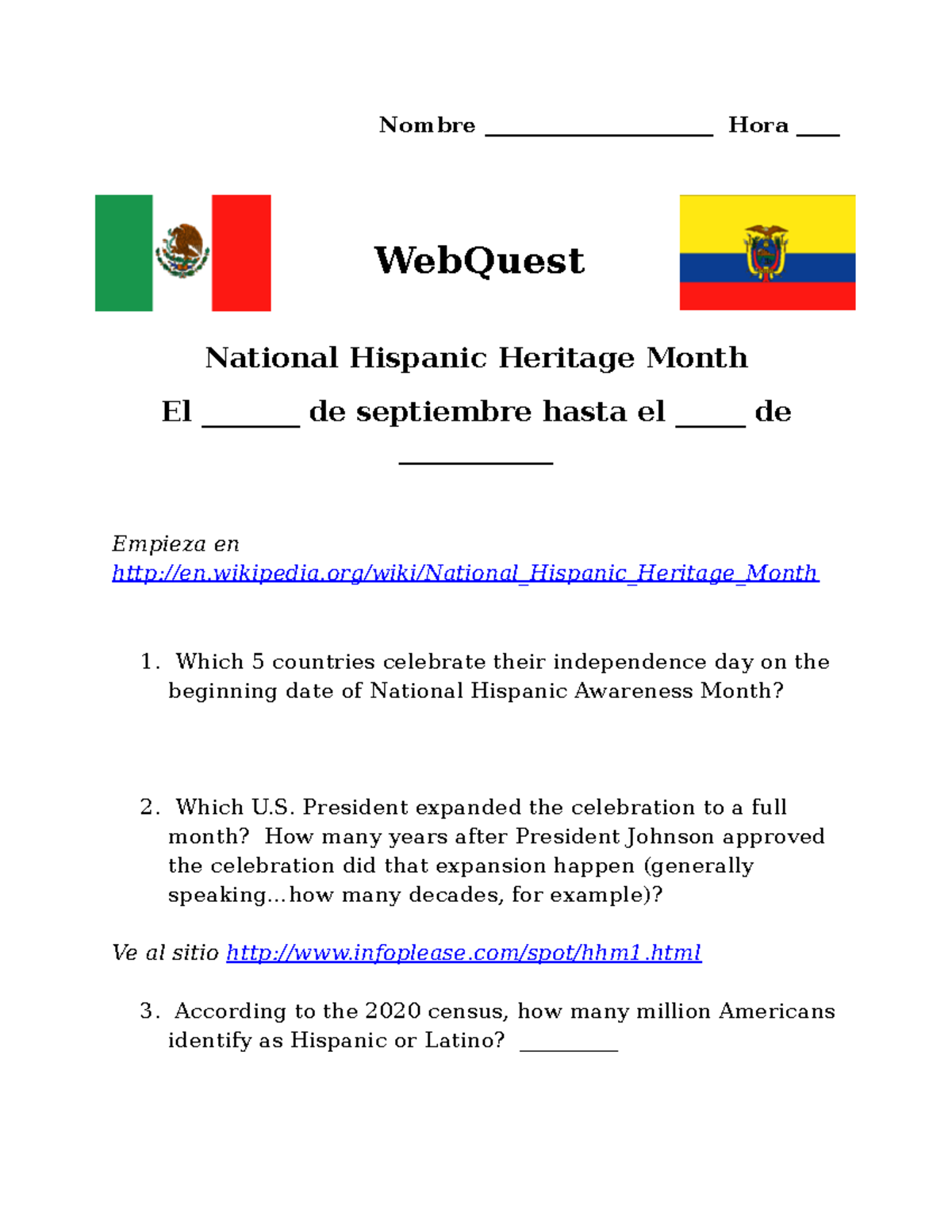 National Hispanic Heritage Webquest Good reading - Nombre ...