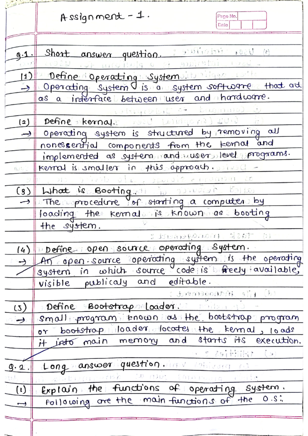 OS Ass1 - Operating system - Assignment 1. Page No. Date Q. Short answer question. (1) Operating ...
