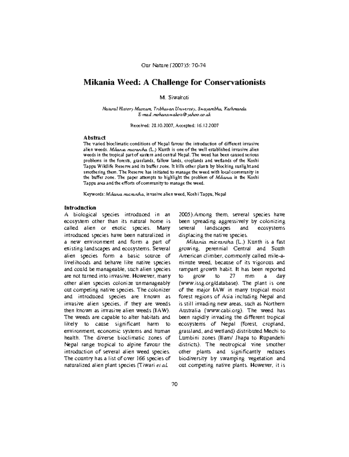 770 - article - M. Siwakoti / Our Nature (2007)5: 70- Mikania Weed: A ...