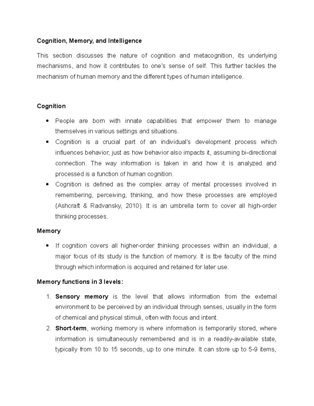 Cognition, Memory, and Intelligence - This further tackles the ...