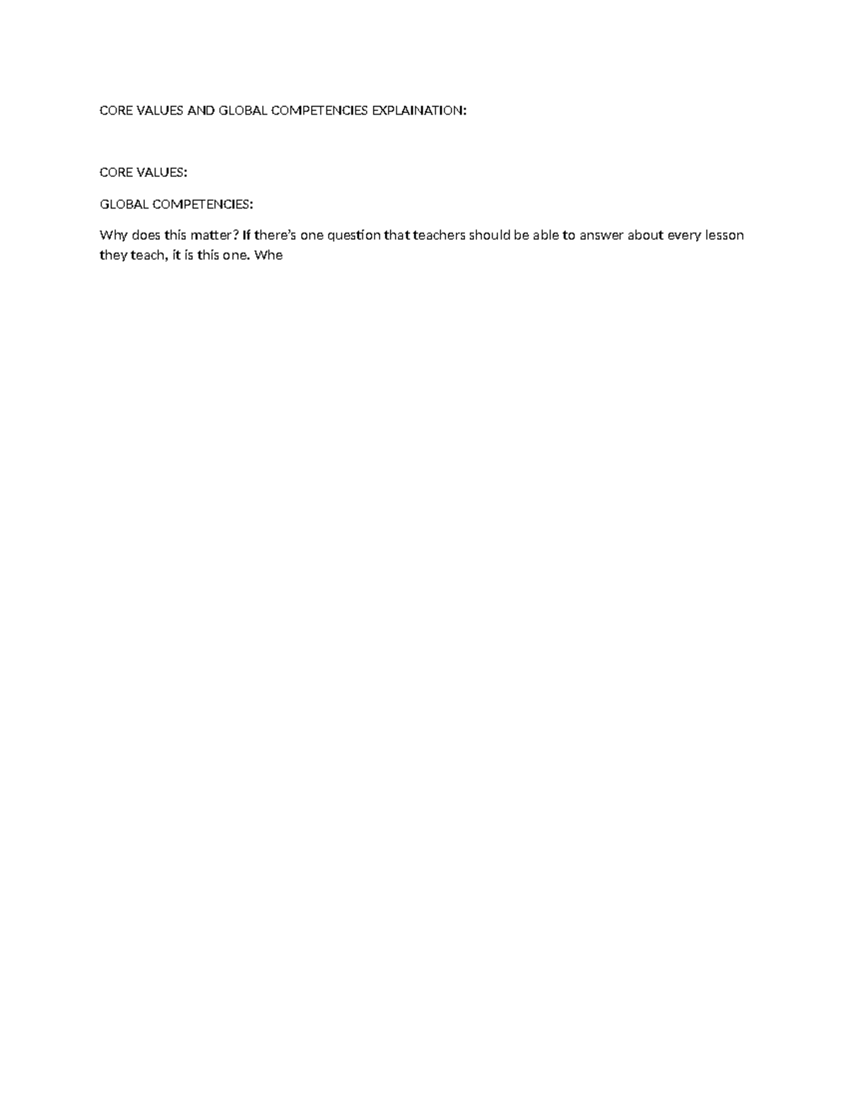 CORE Values AND Global Competencies Explaination - CORE VALUES AND ...