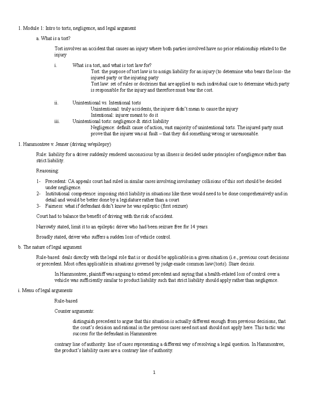 Hackney torts outline - Module 1: Intro to torts, negligence, and legal ...