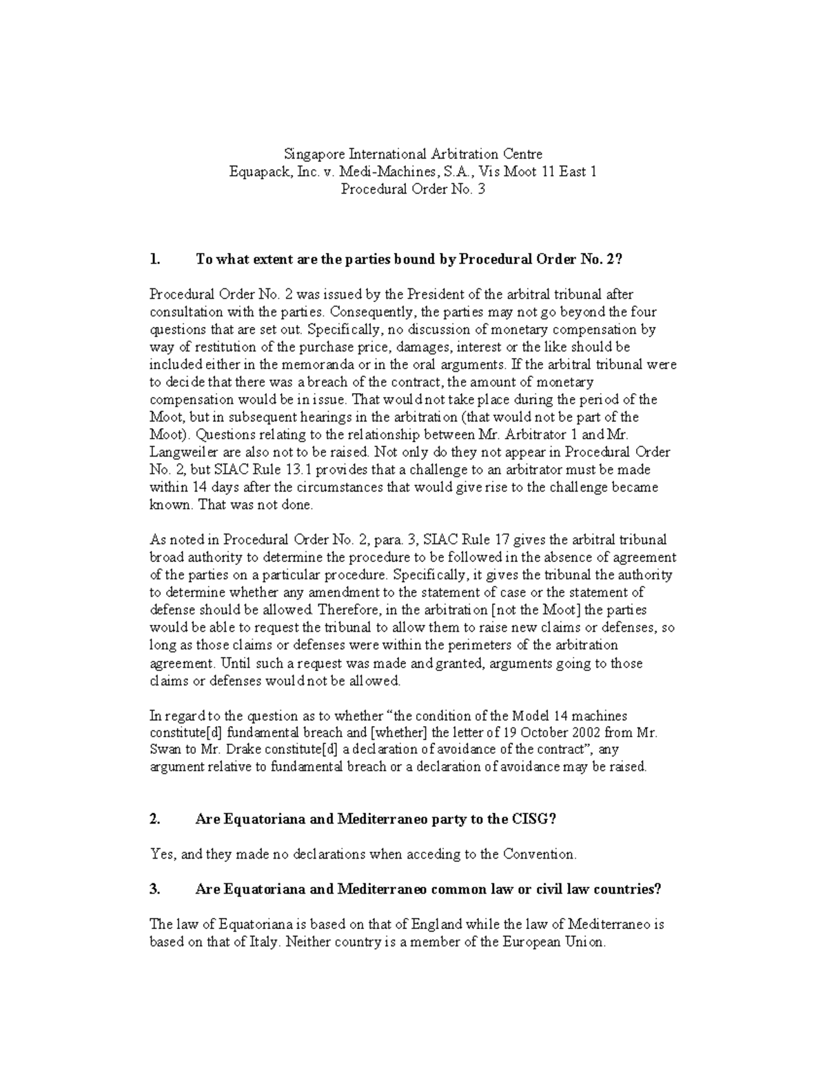 Procedural Order - Singapore International Arbitration Centre Equapack ...