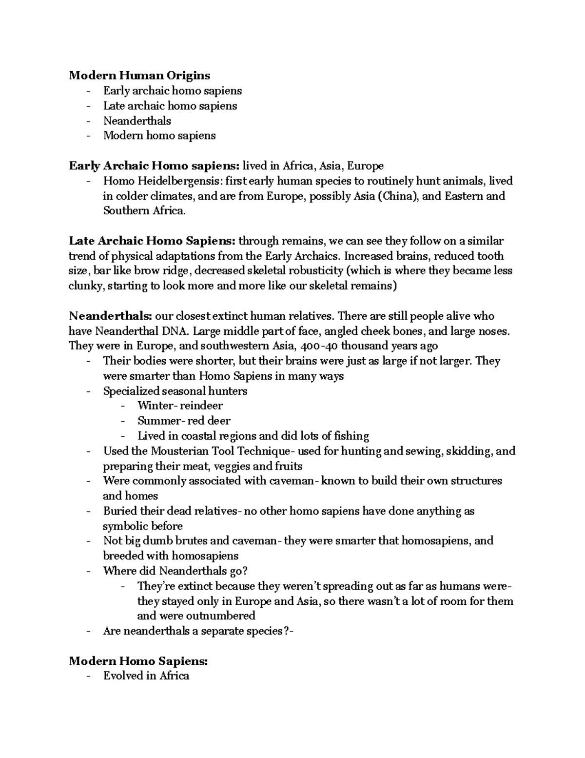Anthropology Lecture notes 5 - Modern Human Origins - Early archaic ...