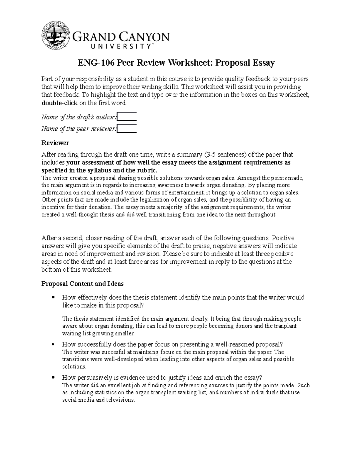 ENG106 Proposal Peer Review Worksheet - Peer Review Worksheet: Proposal ...