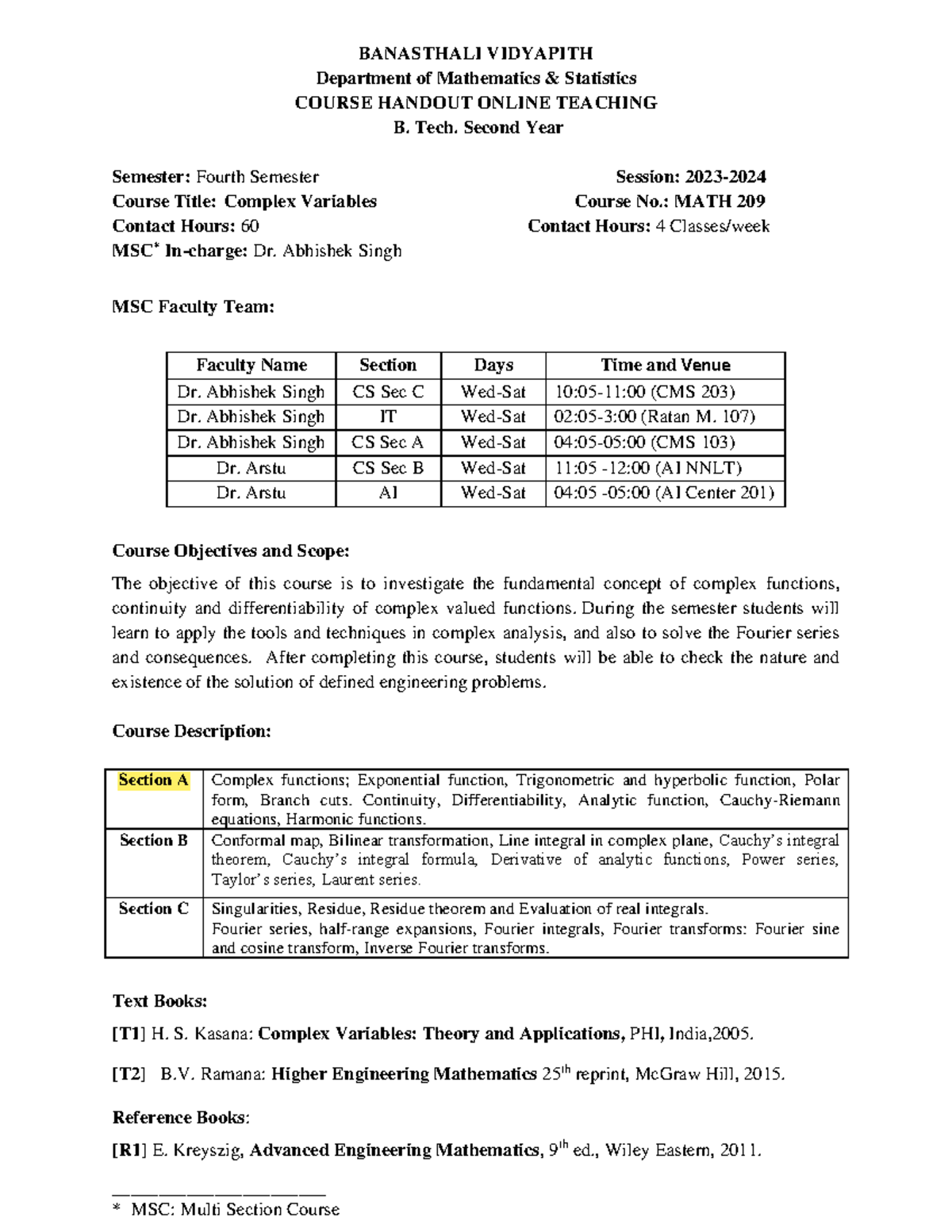 Complex Variable MATH209 handout 23-24 - _______________________ MSC ...