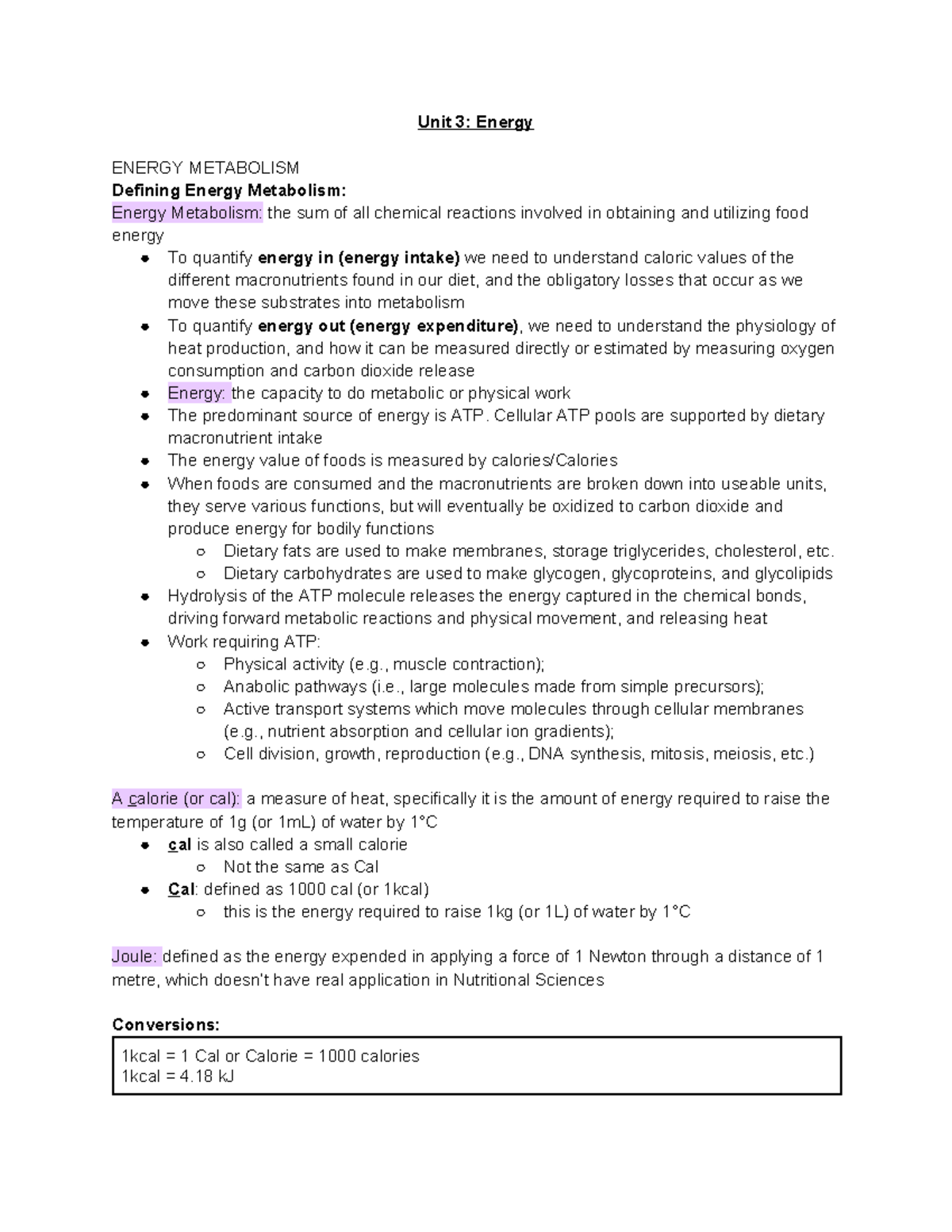 Unit 3 Energy - unit 3 notes - Unit 3: Energy ENERGY METABOLISM ...