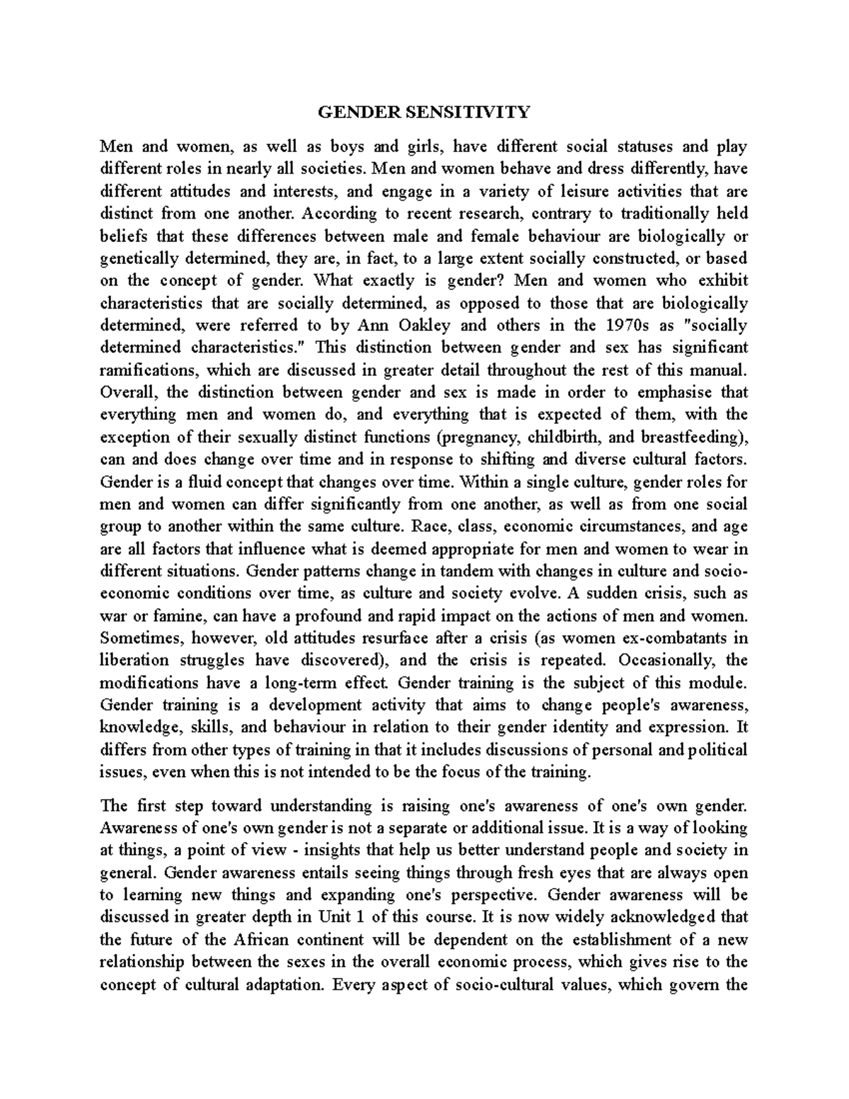 Gender Sensitivity - Lecture notes 5 - GENDER SENSITIVITY Men and women ...