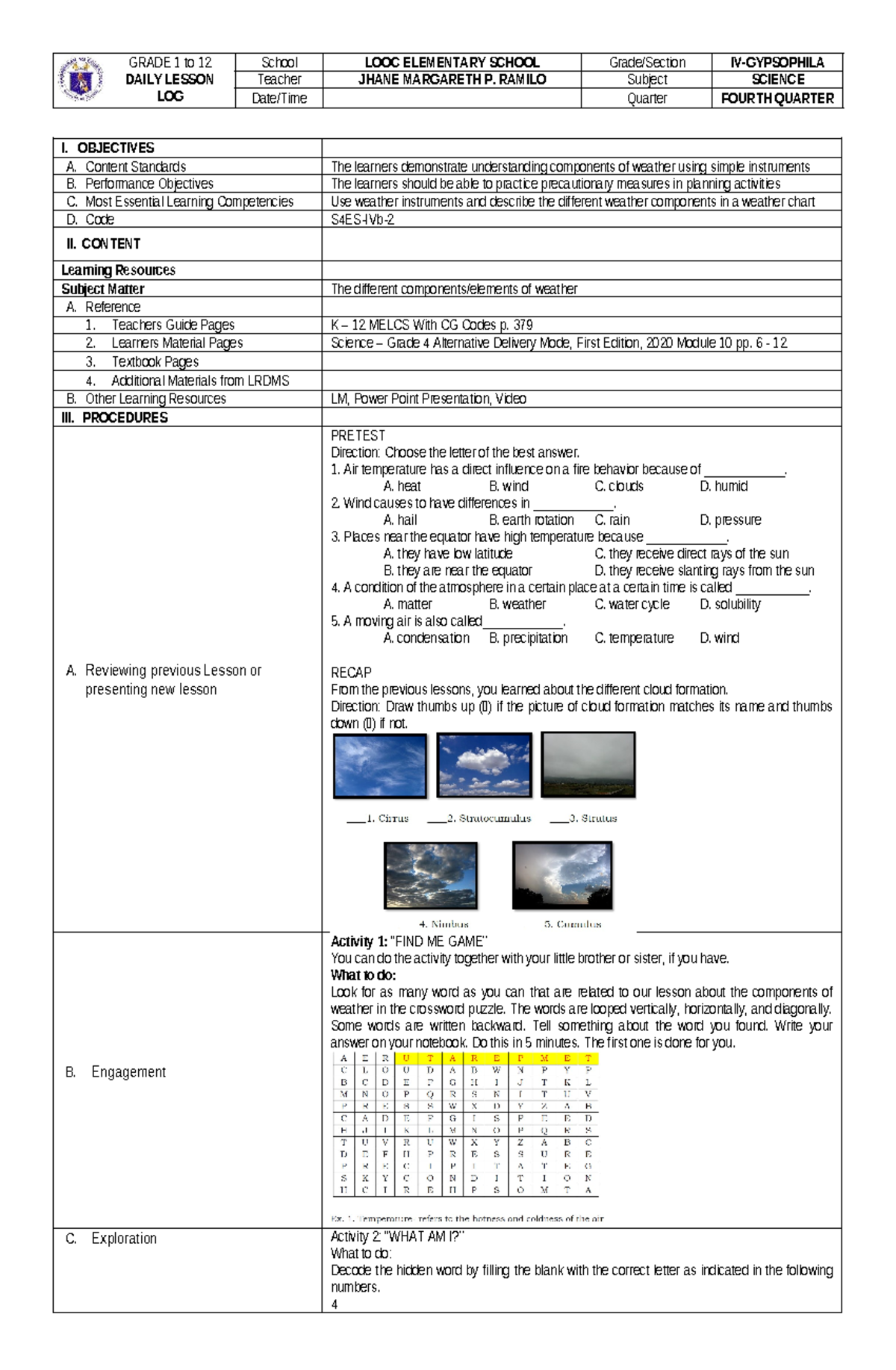 Q4 WEEK 4 Science DLP - GRADE 1 to 12 DAILY LESSON LOG School LOOC ...