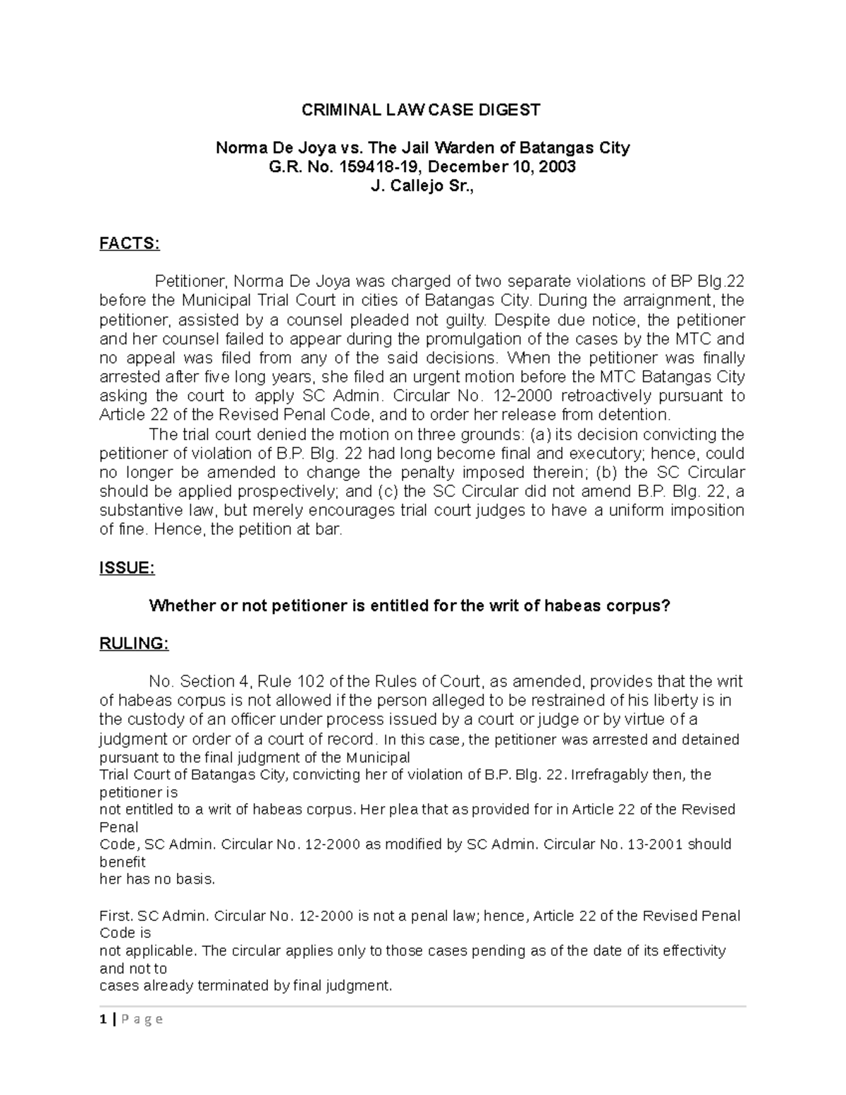 Case Digest for Juris Doctor - CRIMINAL LAW CASE DIGEST Norma De Joya ...