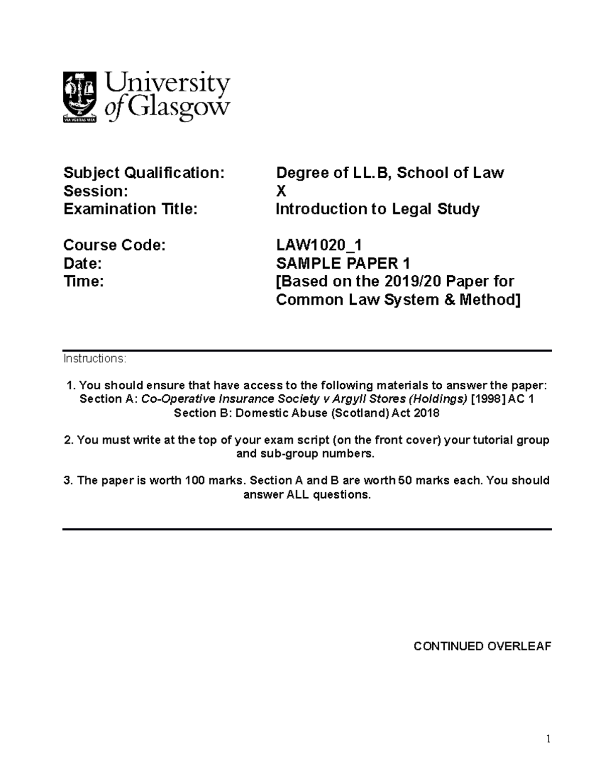 Sample Paper 1 - Subject Qualification: Degree of LL, School of Law ...