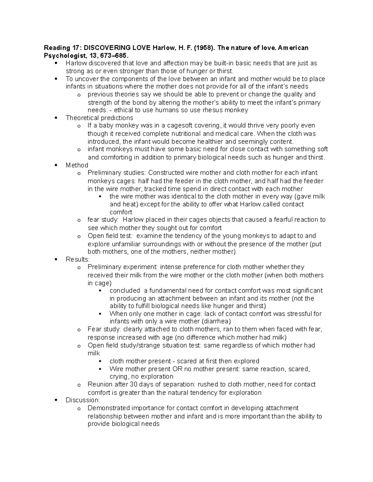 Hock reading 17 summary- Harlow study - discovering love - Reading 17 ...