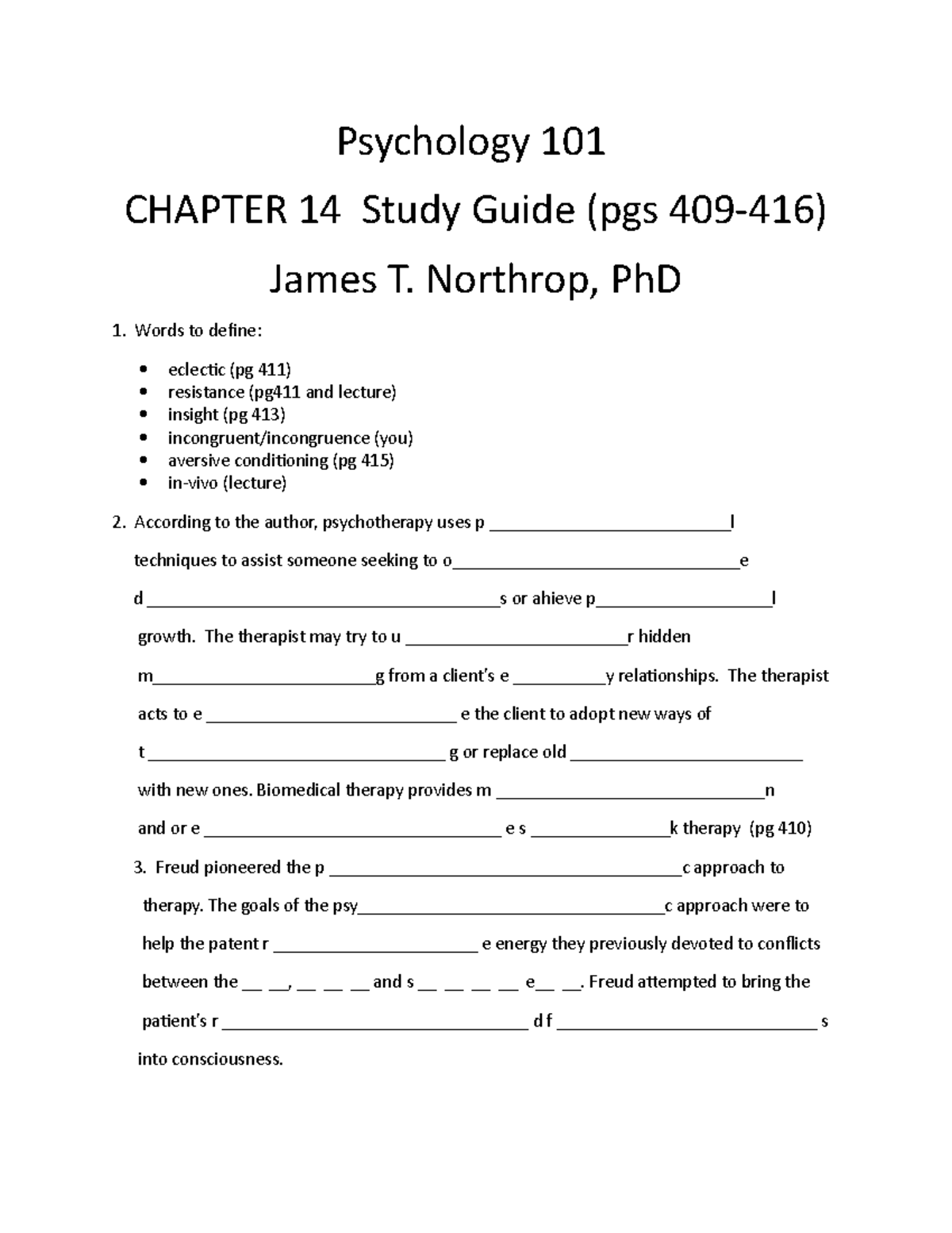 Chapter 14 Pt 1 409-416 - Psychology 101 CHAPTER 14 Study Guide (pgs 409-416) James T. Northrop ...