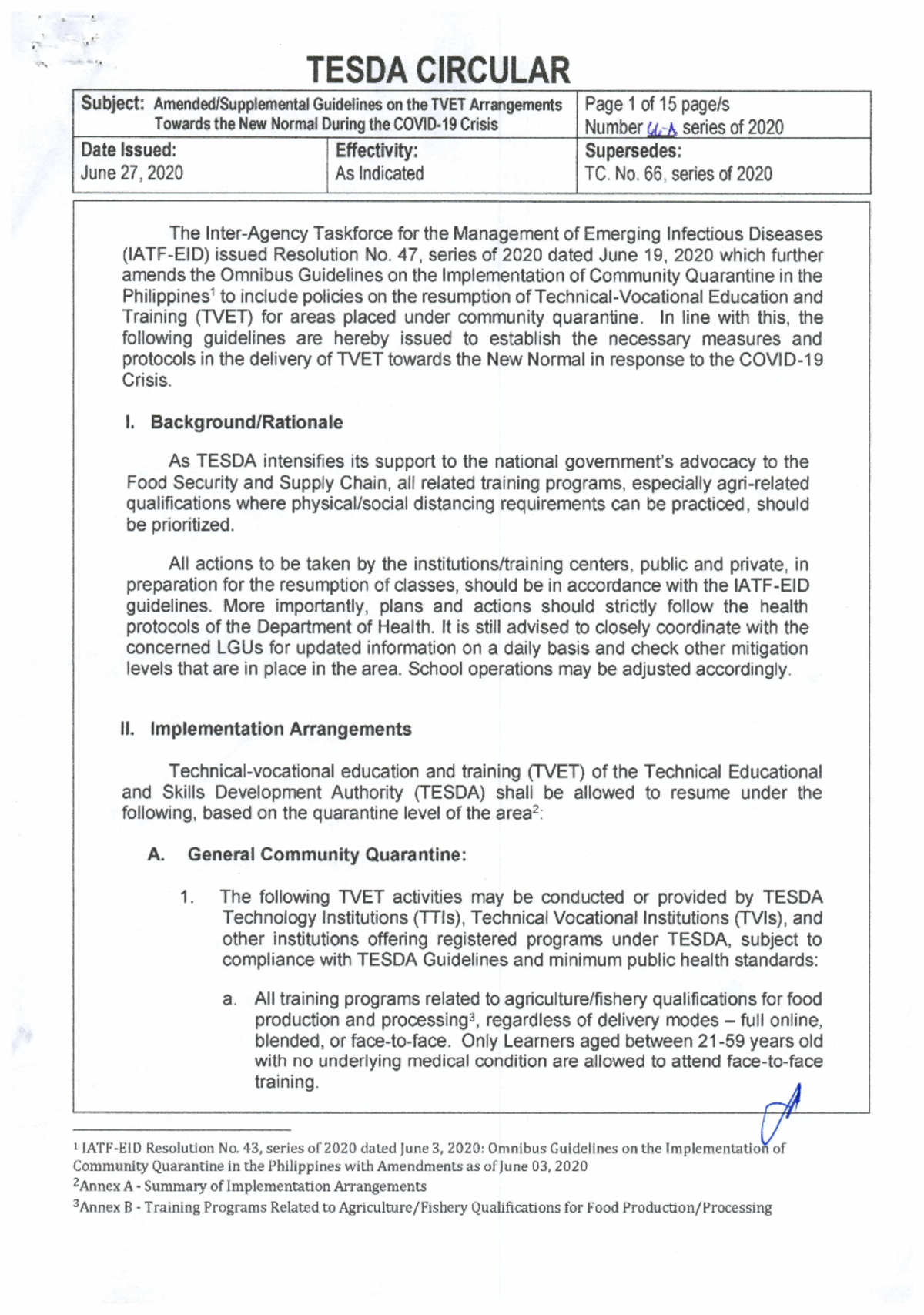 Tesda Circular No. 066-A-2020 Amended-Supplemental Guidelines on the ...