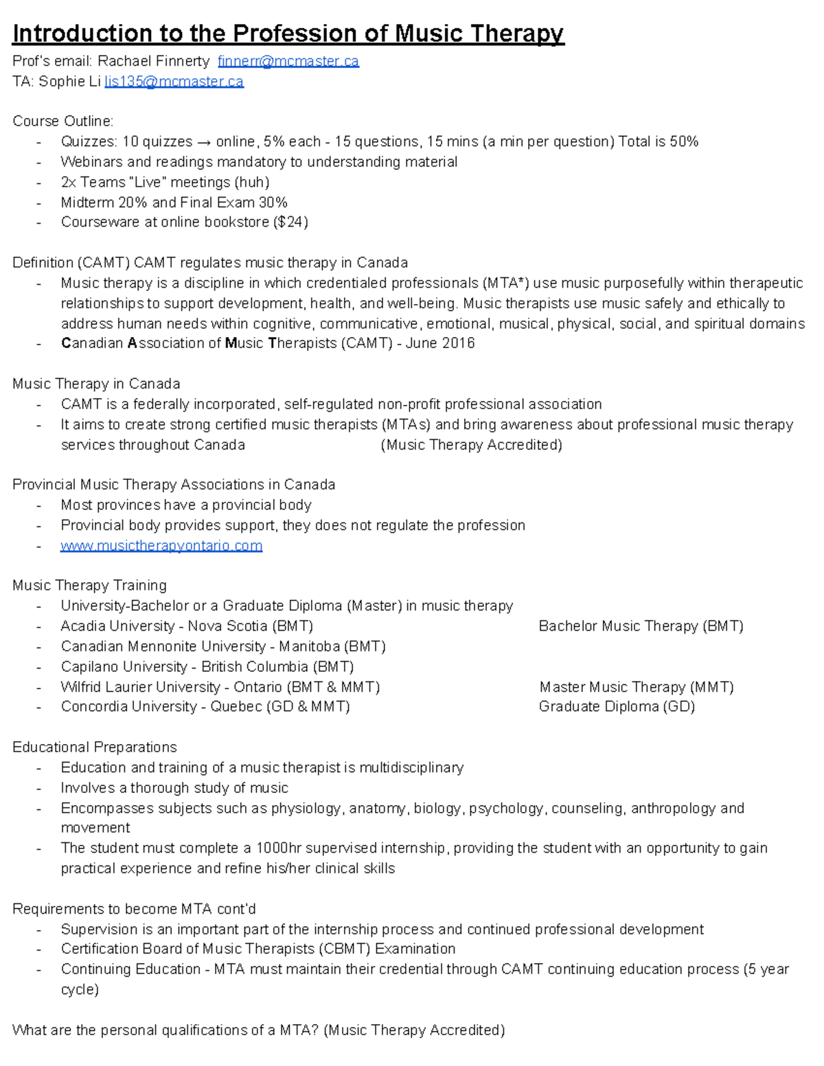 Music 2MT3 notes - Introduction to the Profession of Music Therapy Prof ...