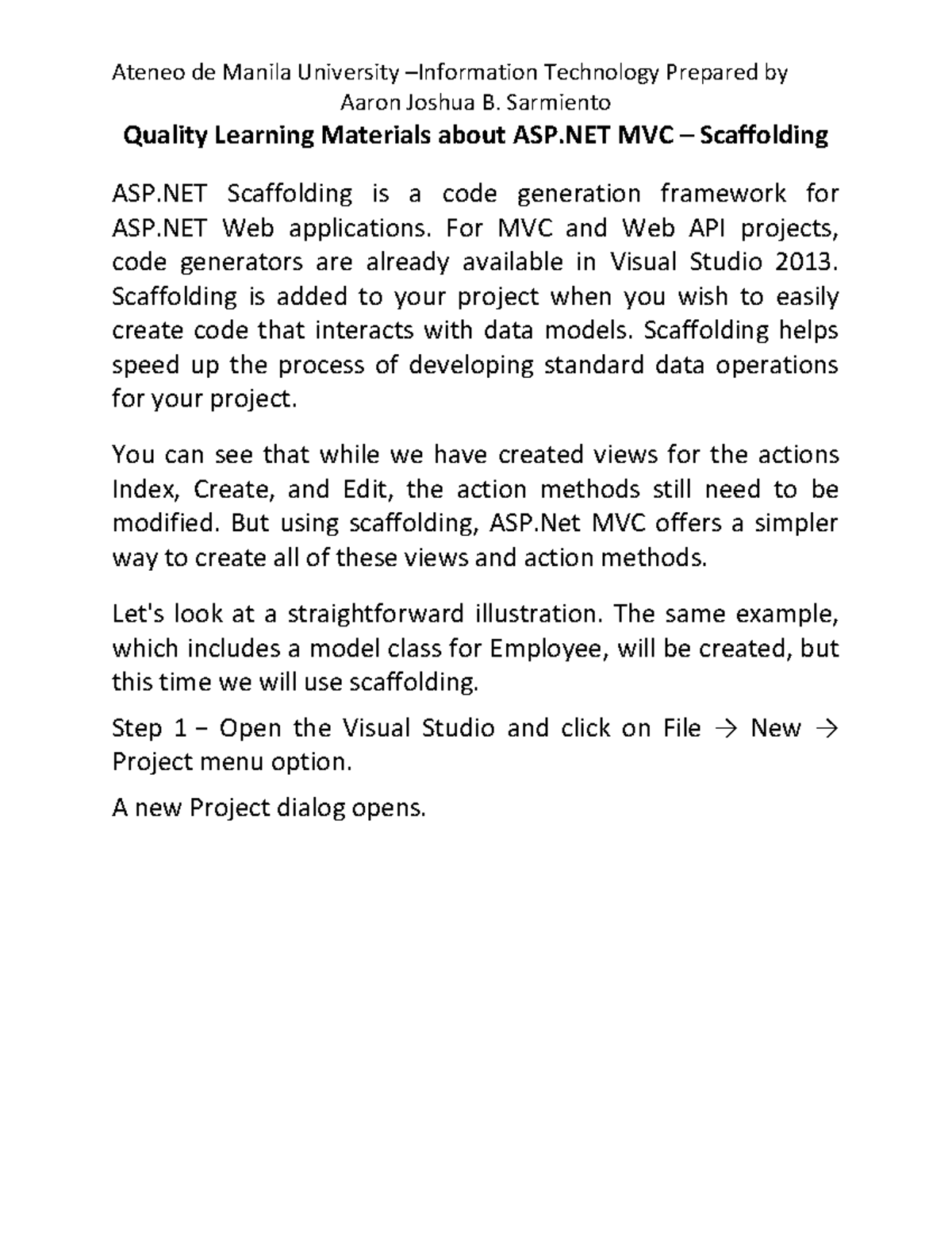 Quality Learning Materials About Aspnet Mvc Scaffolding Aaron Joshua B Sarmiento Quality