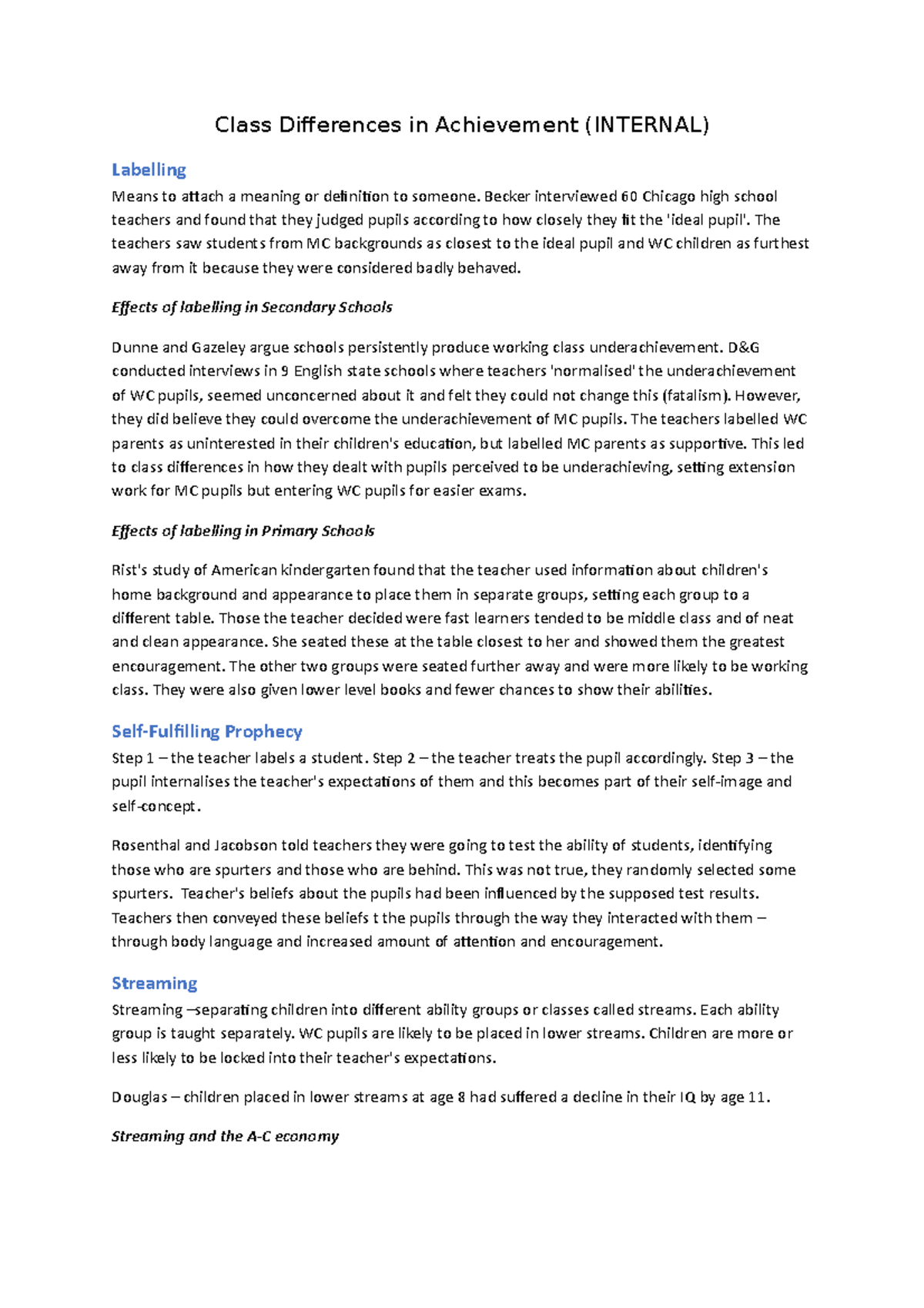 Class Differences in Achievemen - Internal - Class Differences in ...