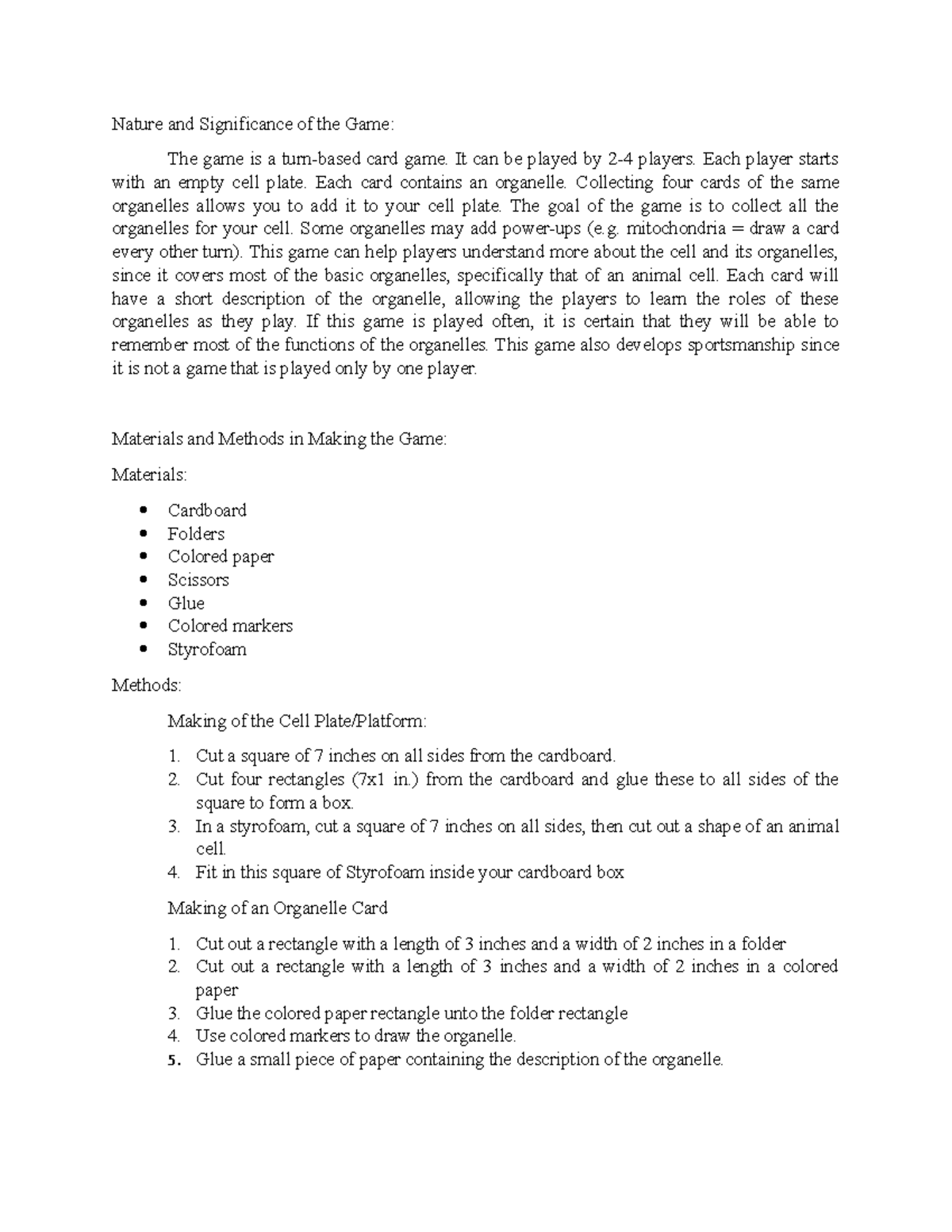 CELL GAME - Sample - Nature and Significance of the Game: The game is a ...