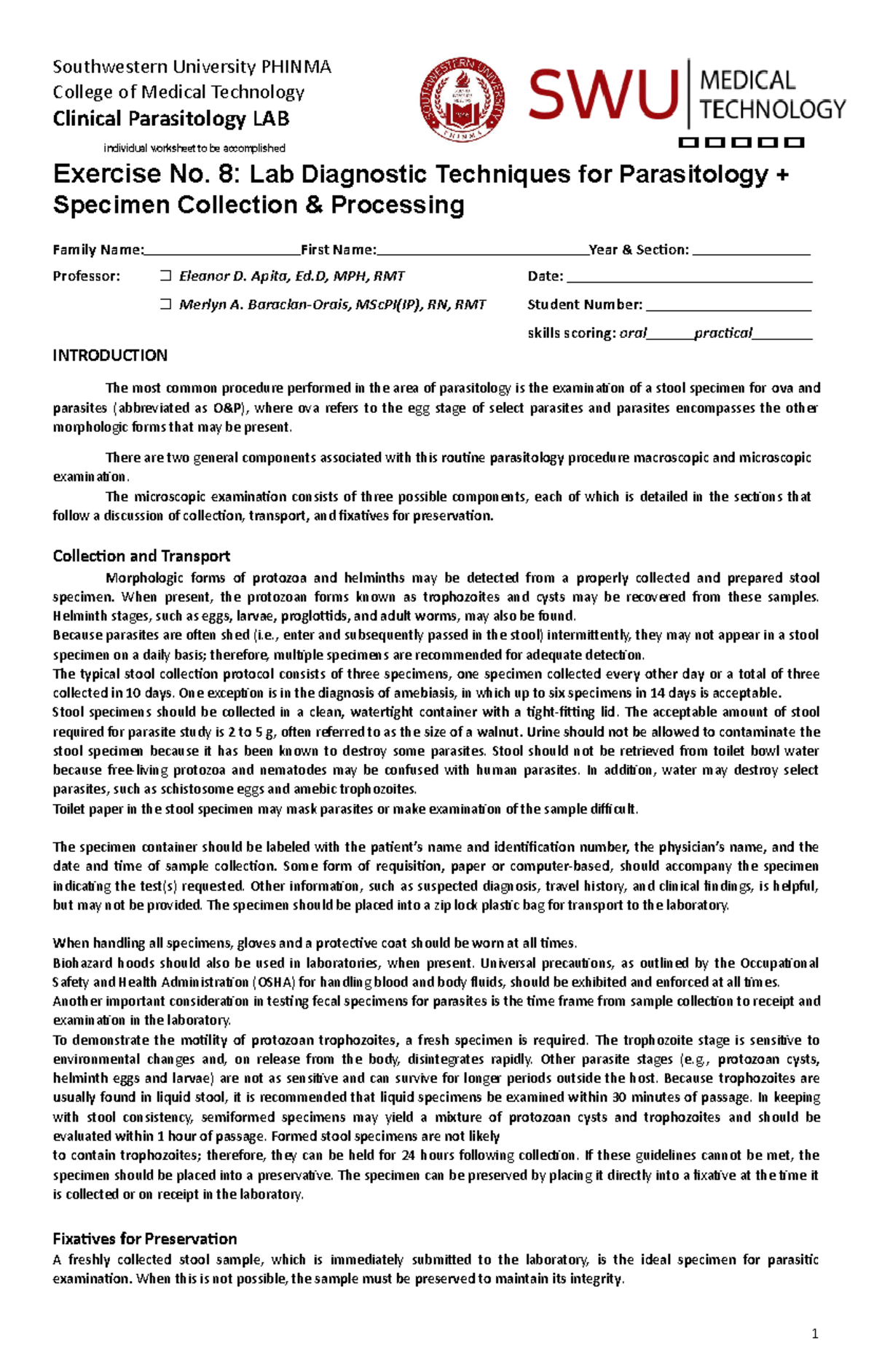 Para lab exe 8 LAB DX Specimen Collection - 1 Southwestern University ...