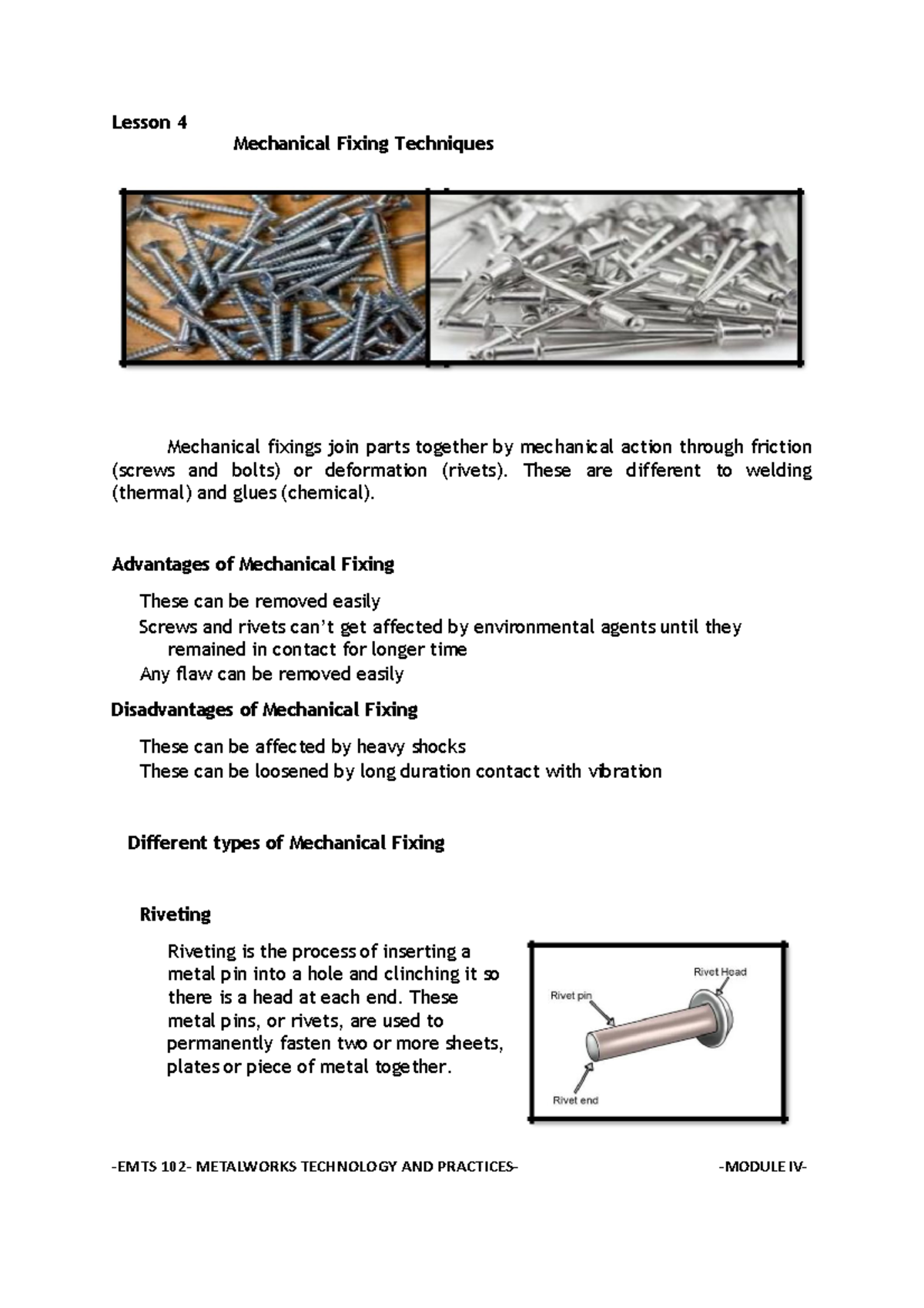 Module 4 Lesson 4 - Lesson 4 Mechanical Fixing Techniques Mechanical ...