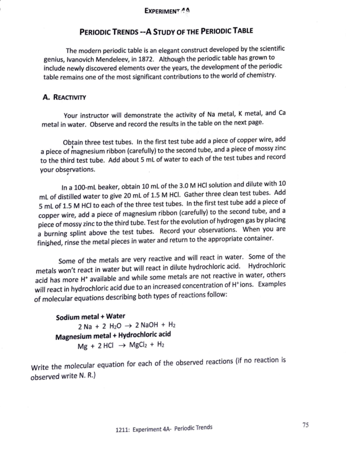 Experiment 4A - EXPERIMEN"!" I~ A PERIODIC TRENDS -A STUDY OF THE ...