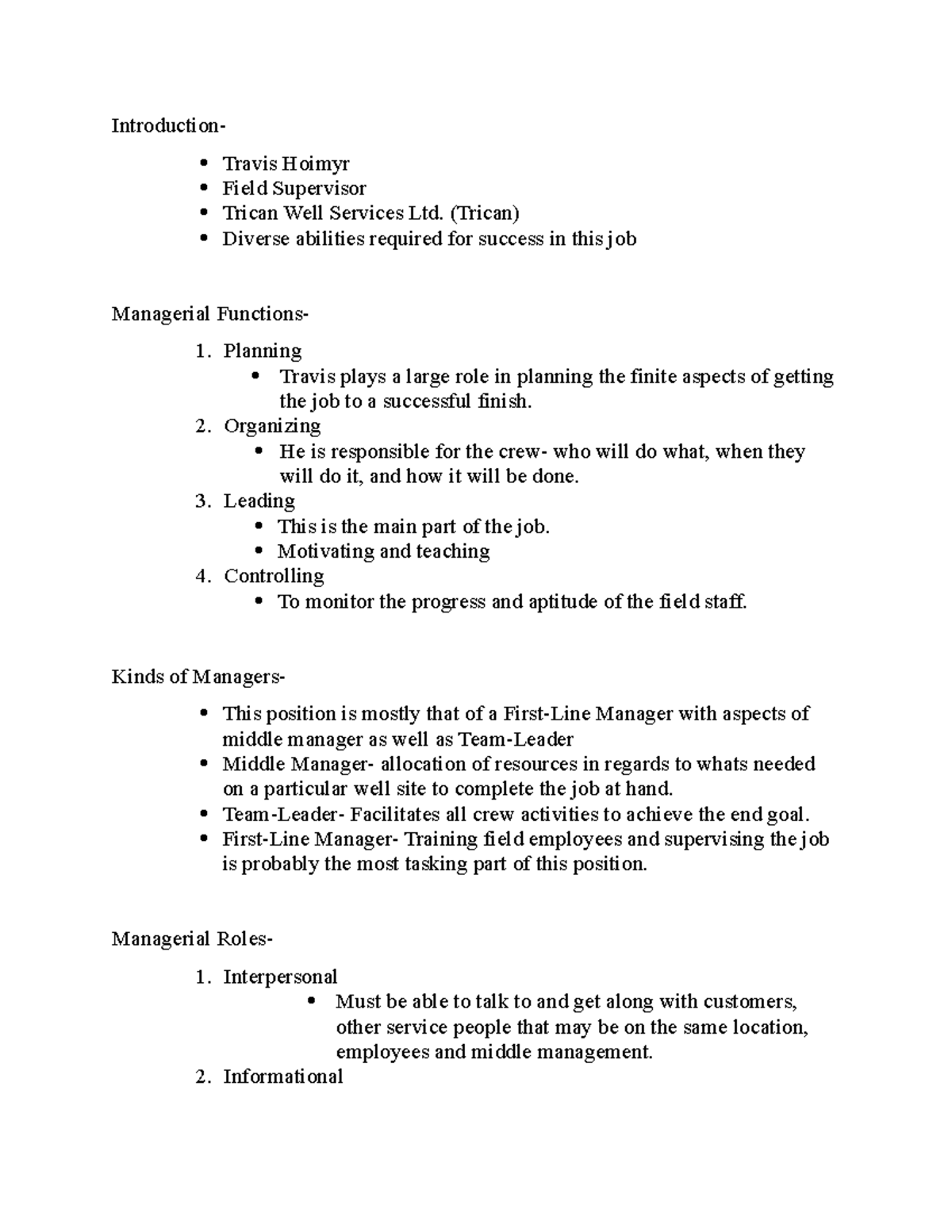 Assignment 1 outline abc - Introduction- Travis Hoimyr Field Supervisor ...